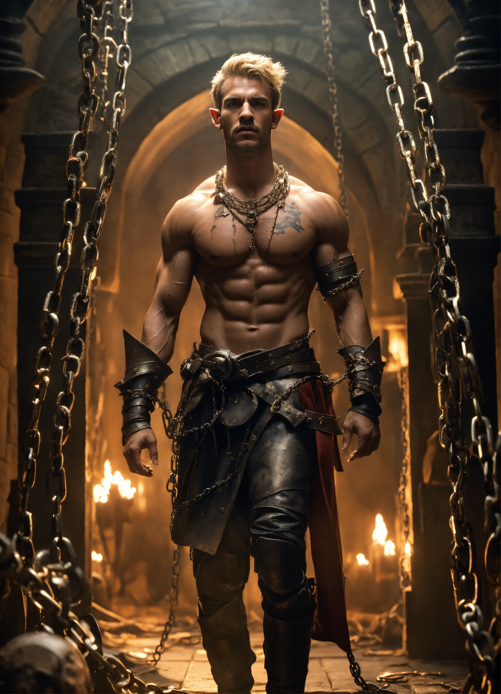 Lexica - Full body strong handsome Dominican god elf chained by enemies ...