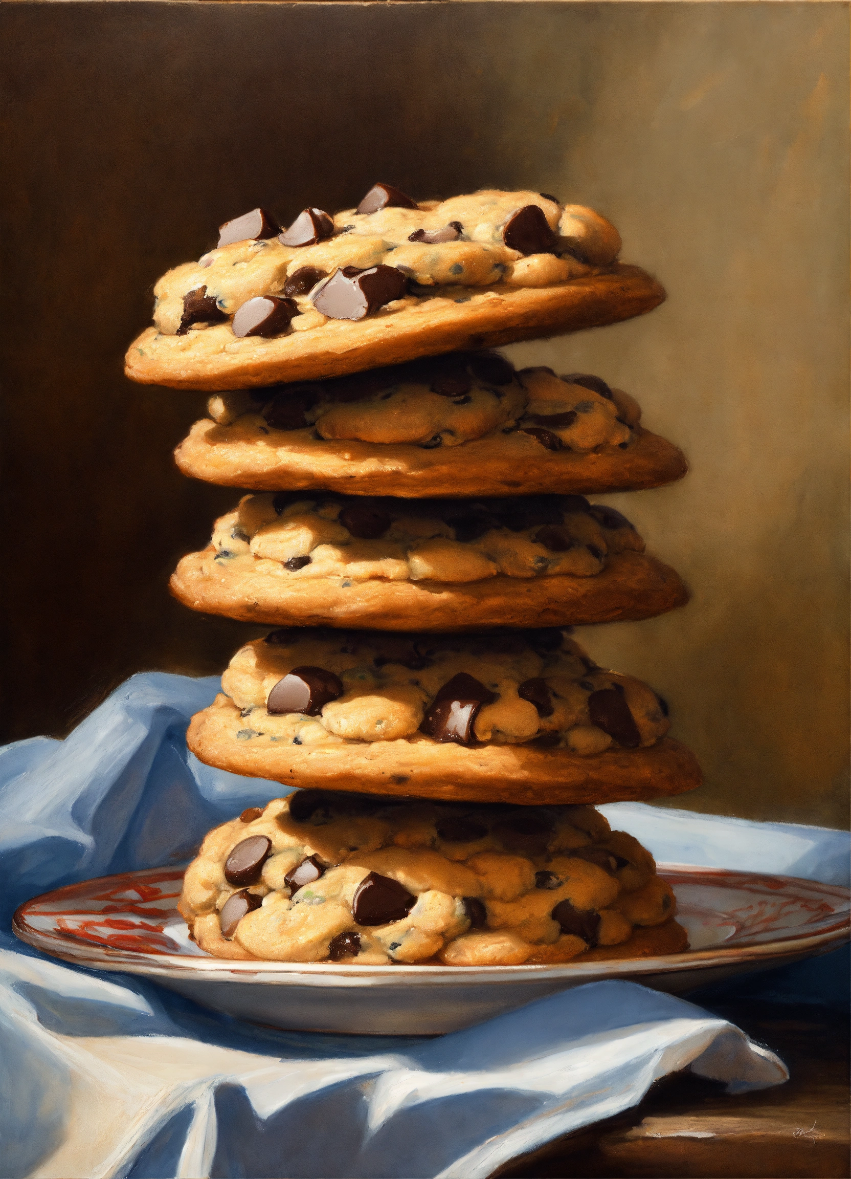 Lexica - Still life oil painting of a stack of chocolate chip cookies ...