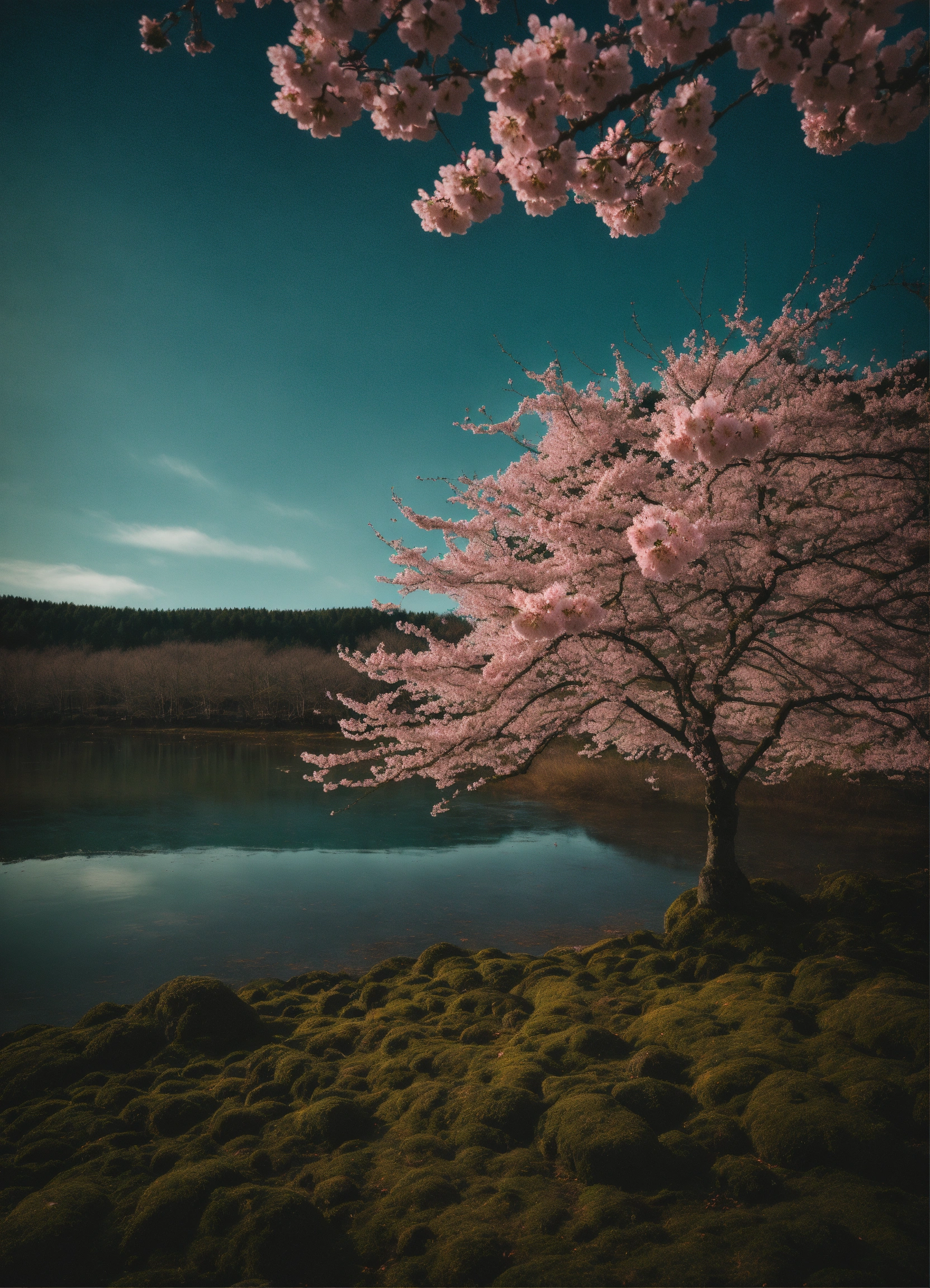 Lexica - Minimal, cinematic, a blooming cherry blossom tree, forest ...