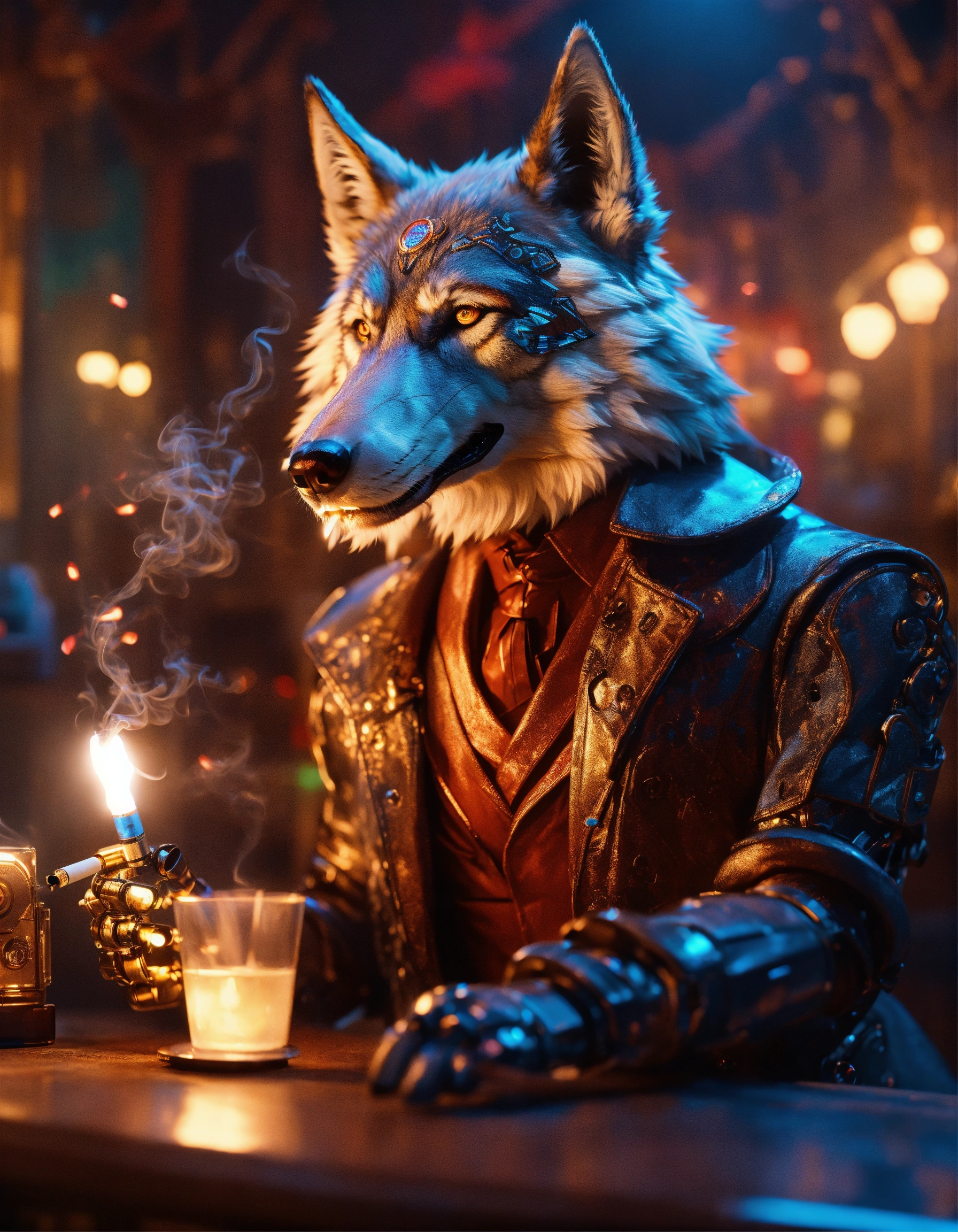 Lexica - A a robotic wolf smoking a cigarette vibrant lighting, the ...