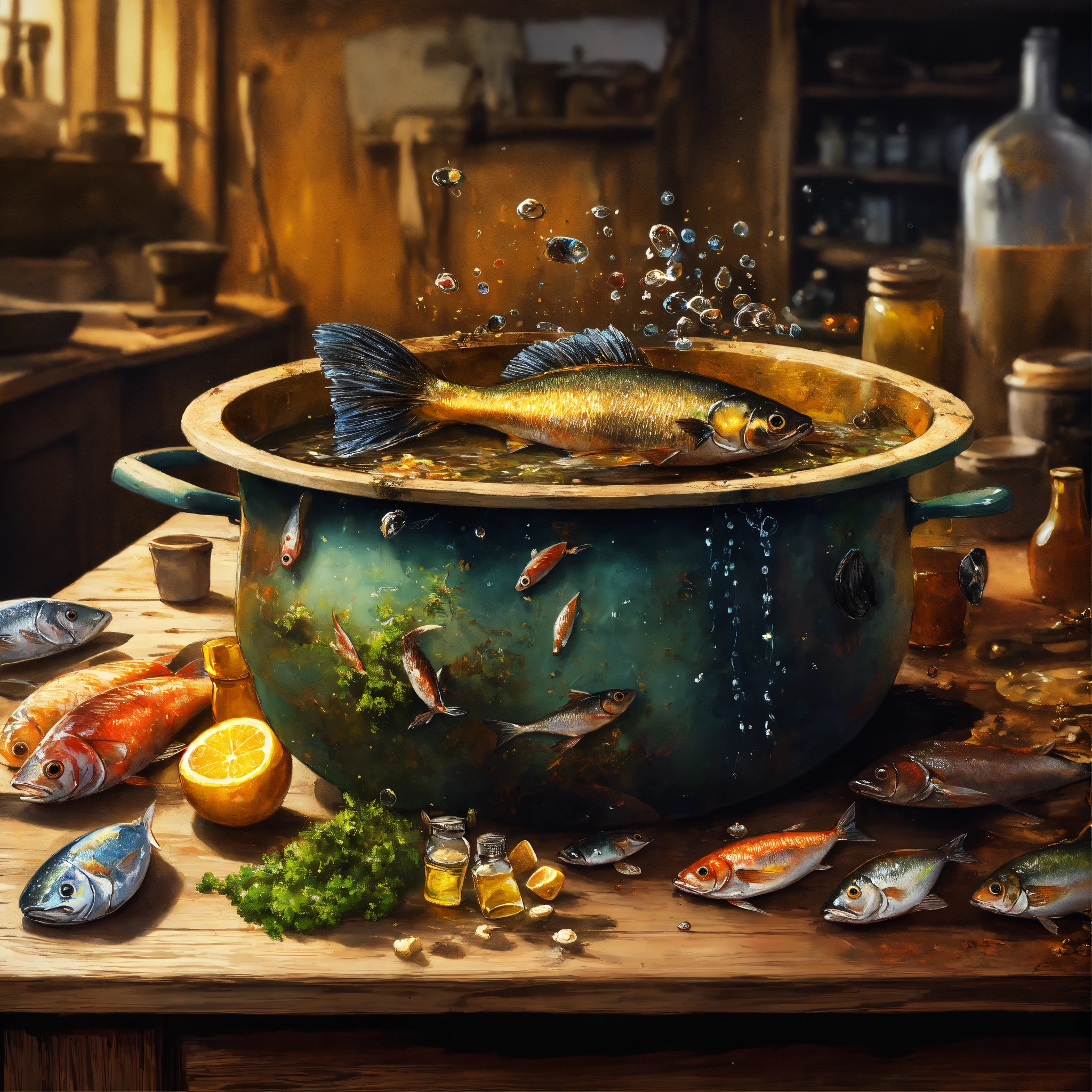 Lexica - Concept art of a lead pot with liquid fish oil, on top of a ...