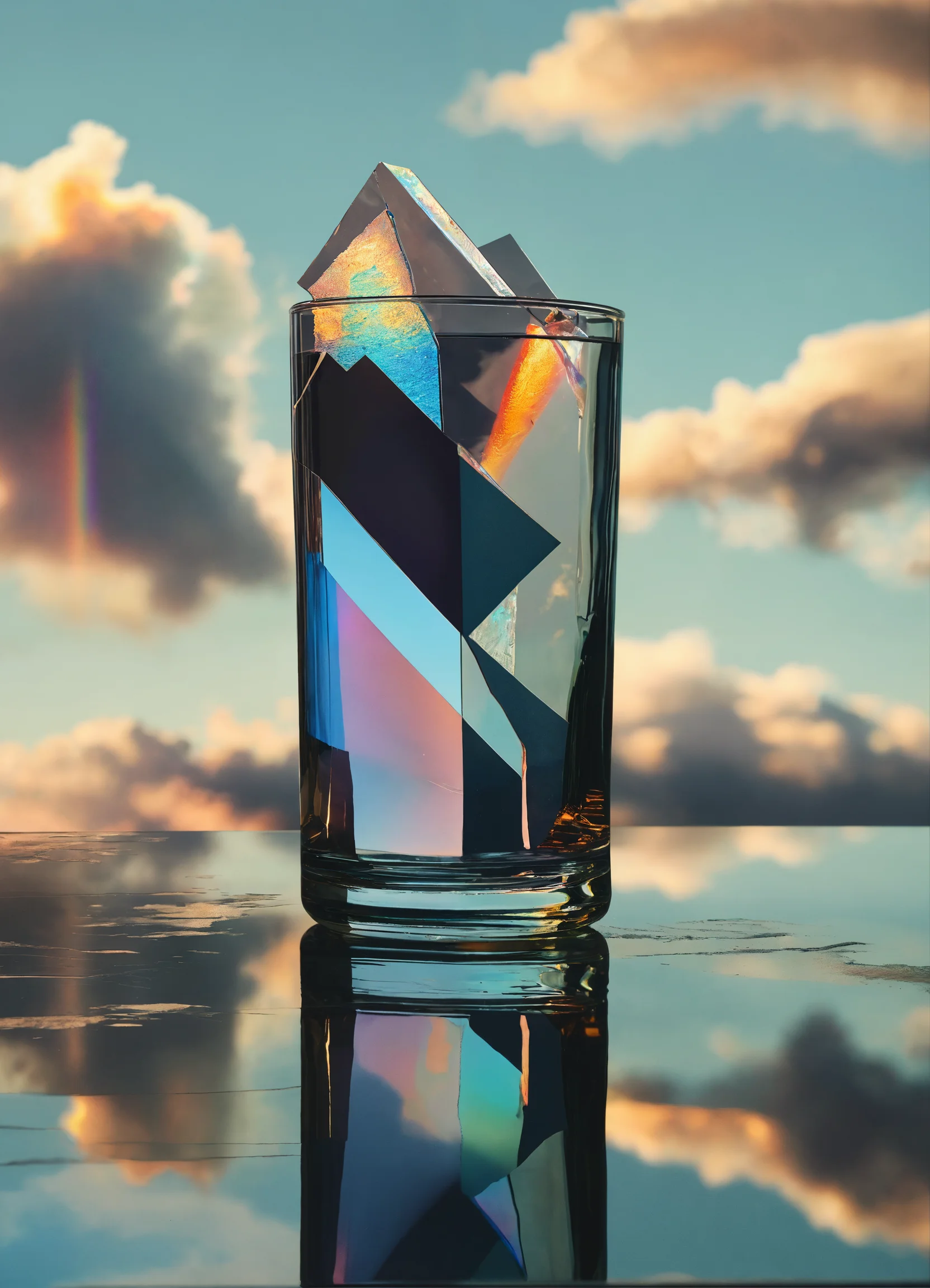 Lexica - A sunlit iridescent mocktail glass with a cloud reflected in ...