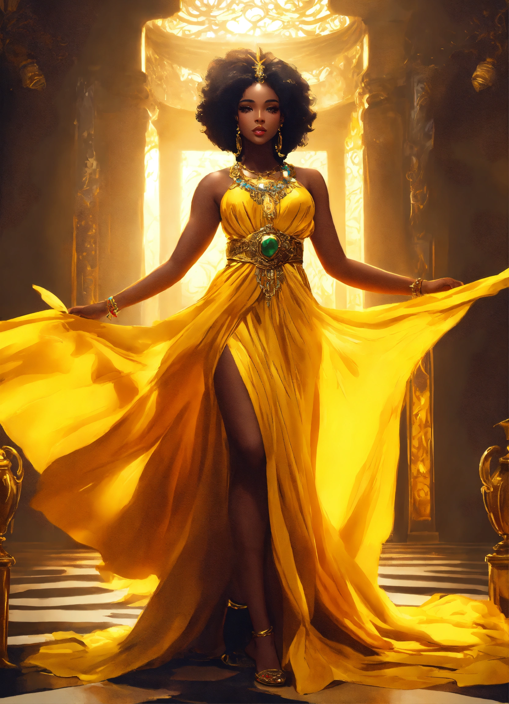 Lexica - Black goddess wearing flowing yellow dress, golden jewelry ...