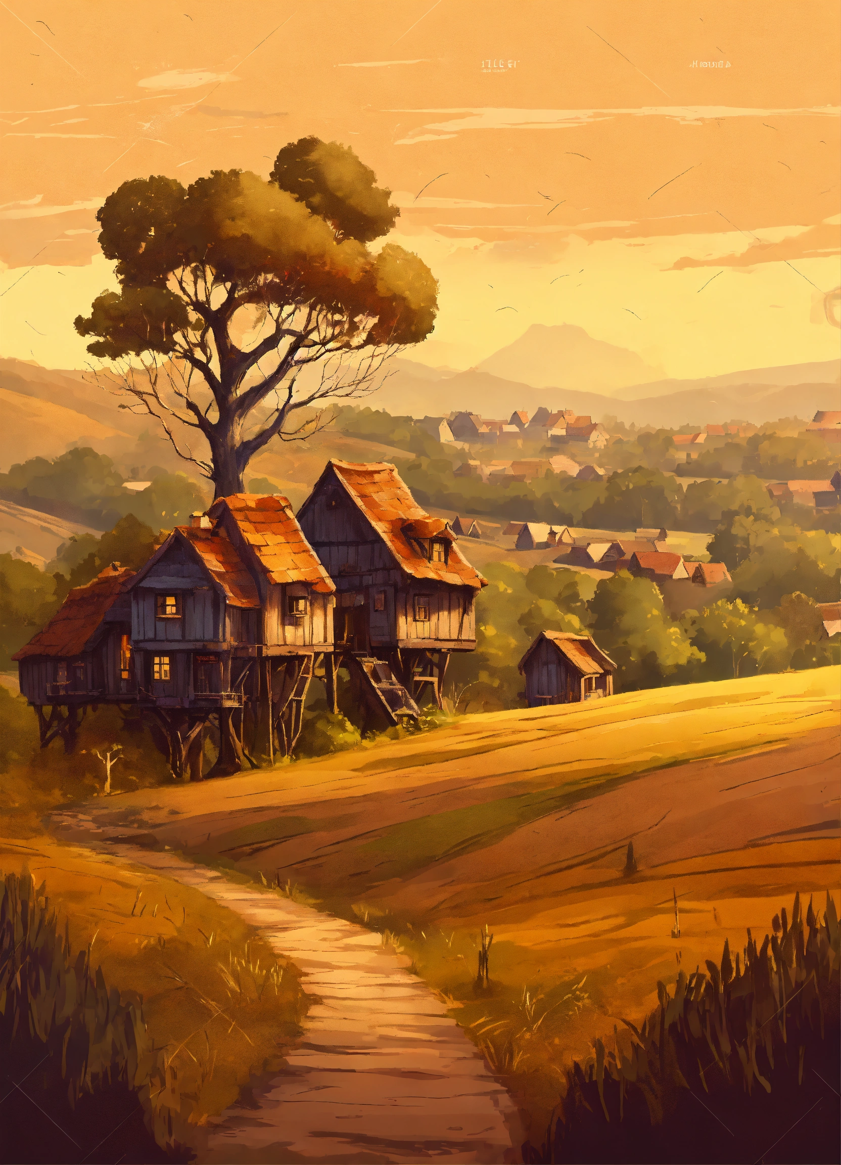 Lexica - Texture landscape with a village in the distance dark village ...