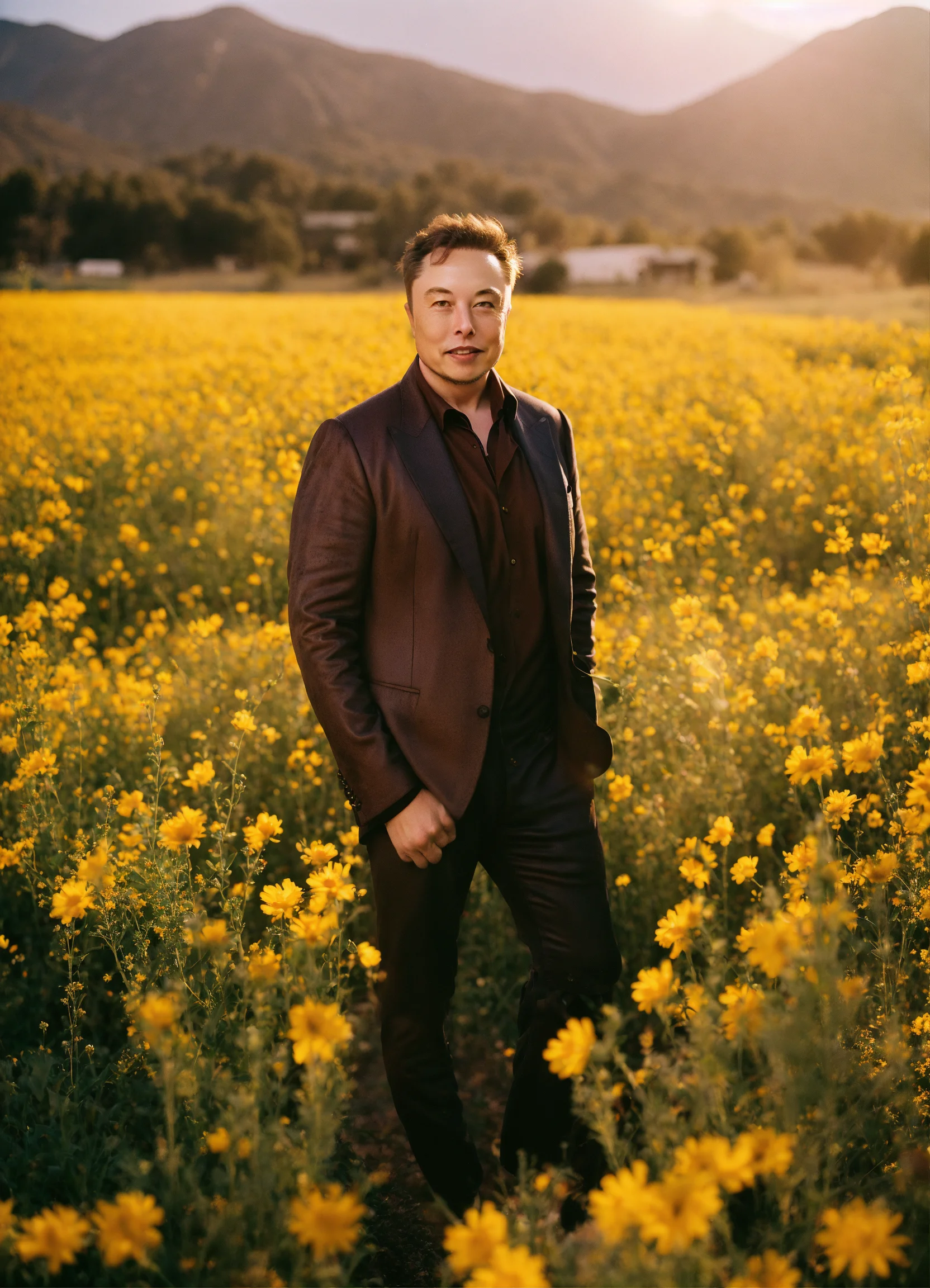 Lexica - Happy Elon Musk standing in a beautiful field of flowers ...