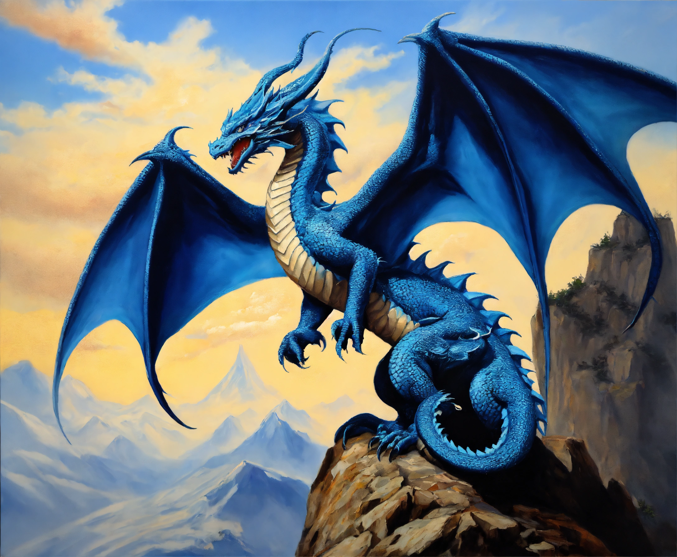 Lexica - Oil painting of two blue dragons touching each other on top of ...