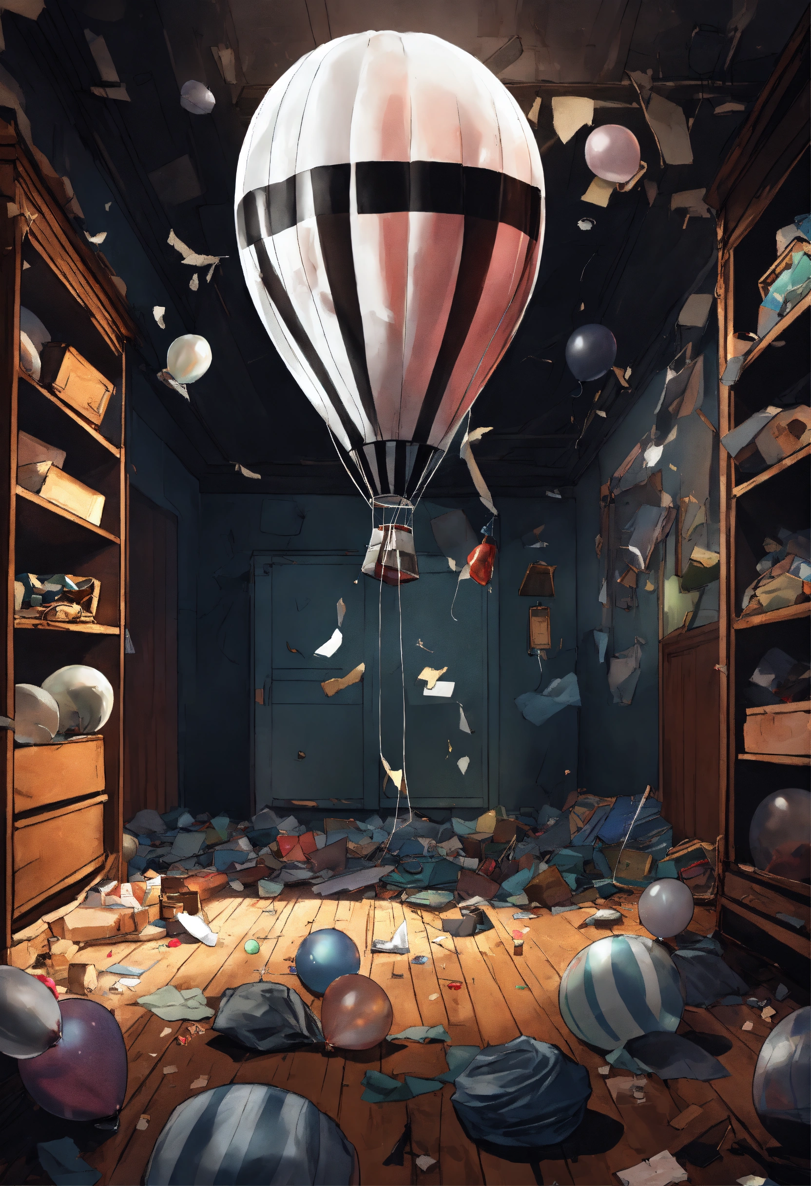 Lexica - A black and white striped balloon is hanging in the air, there ...