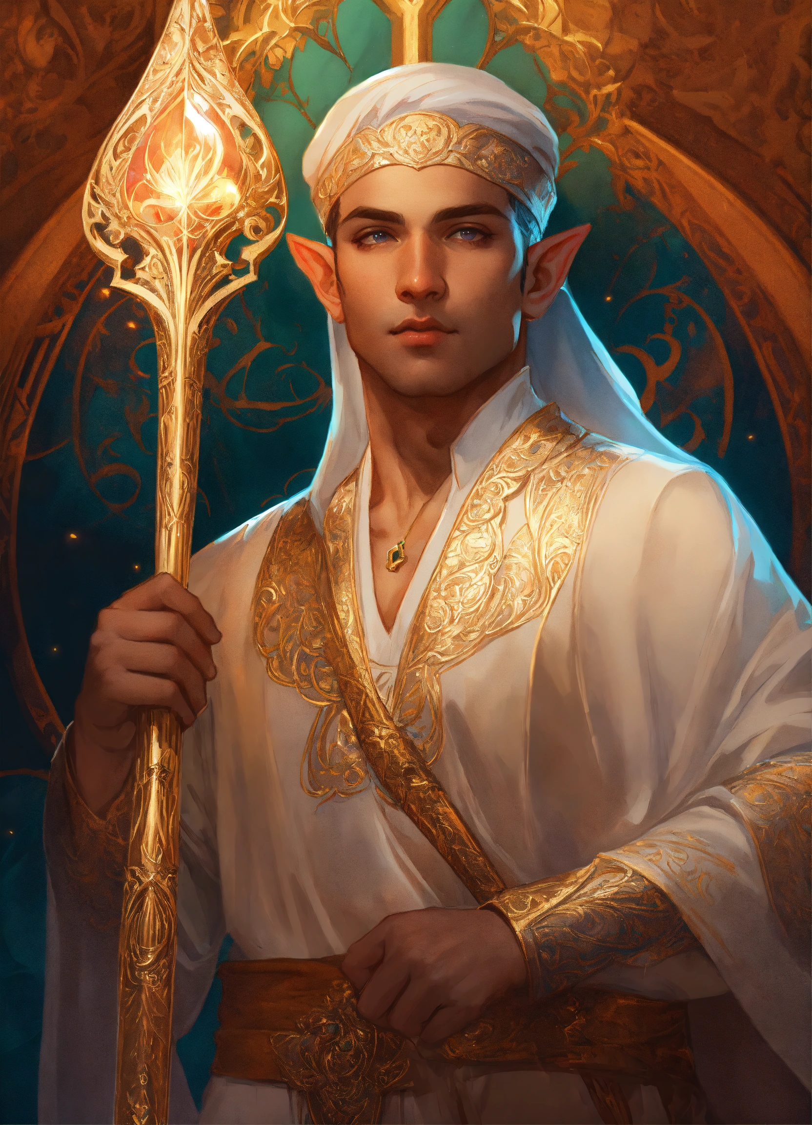 Lexica - Persian Male Elf Wizard with magical staff, highly detailed ...