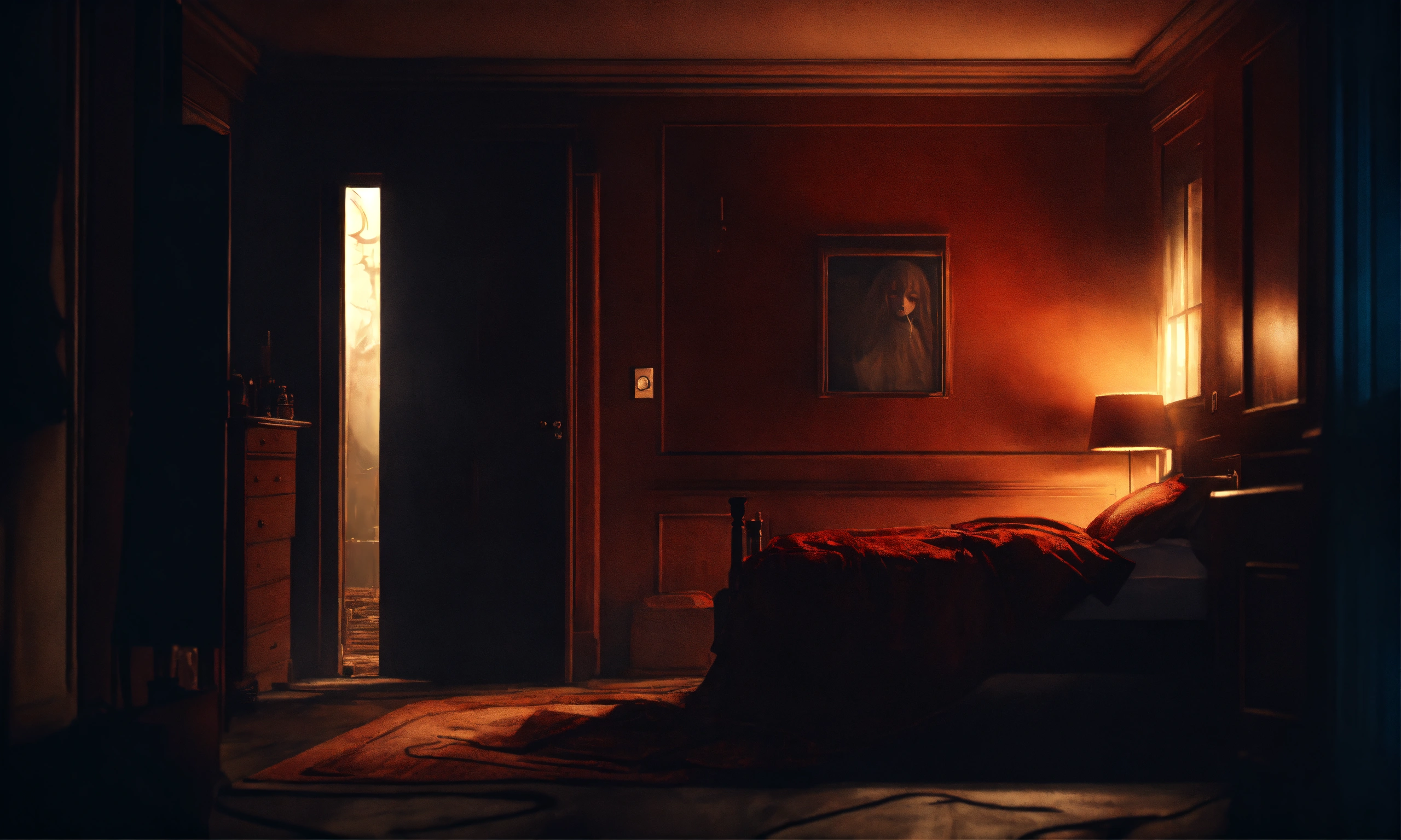 Lexica - Spooky dark room; girl sleeping; a demon at the door; scary ...