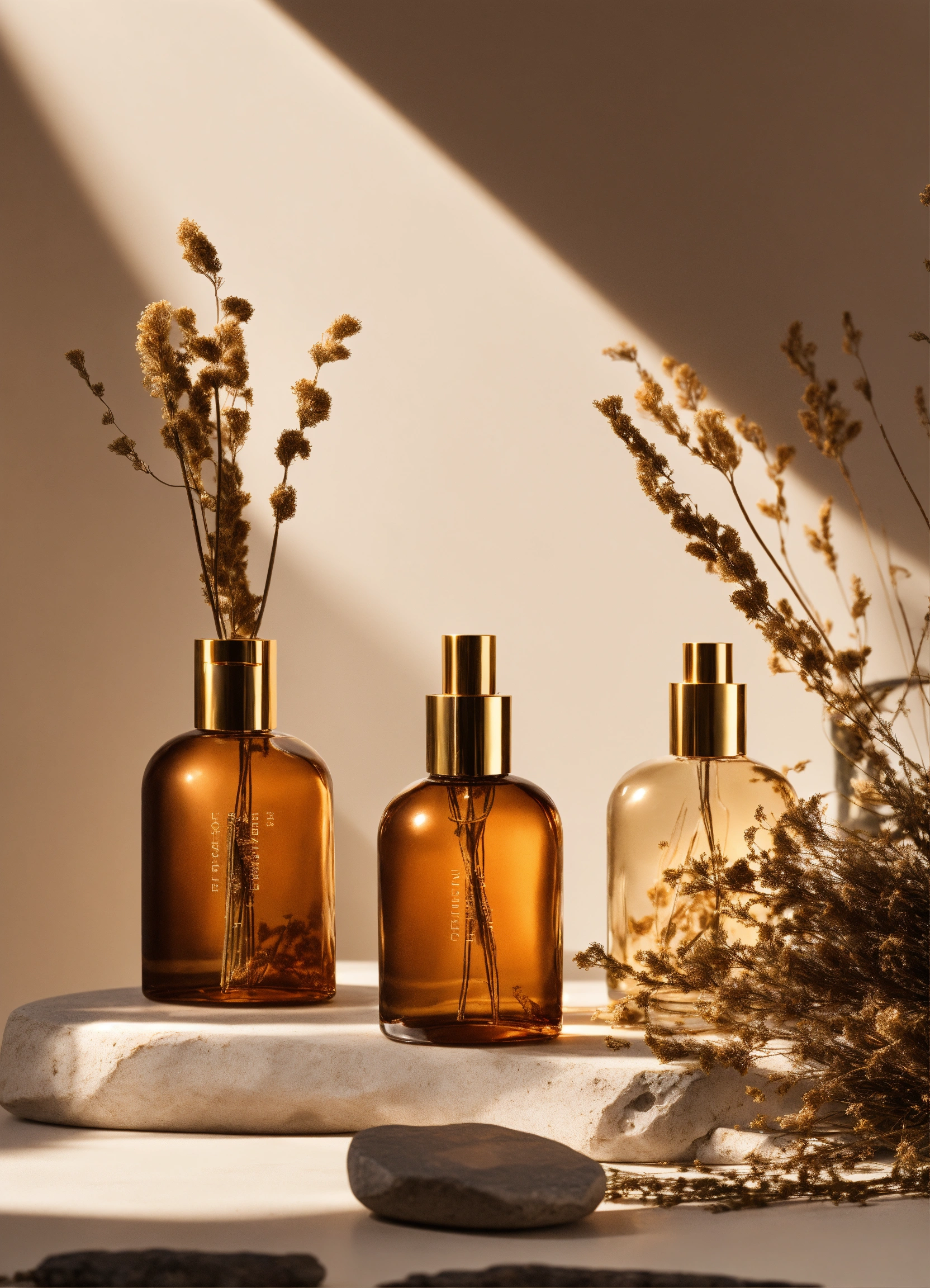 Lexica - Product photography of 3 brown glass cologne bottles with gold ...