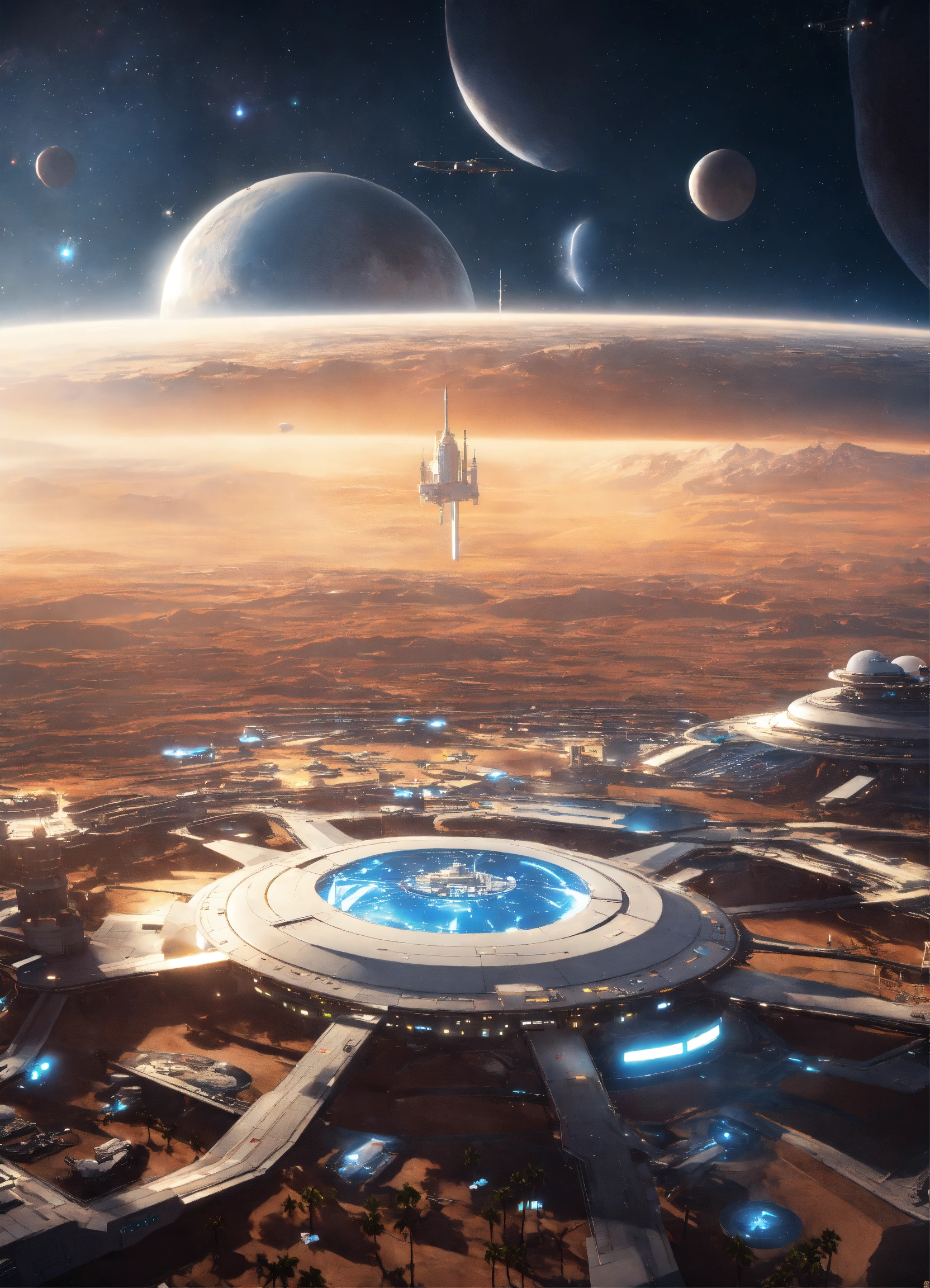 Lexica - Beautiful white spaceport flying floating in deep space ...