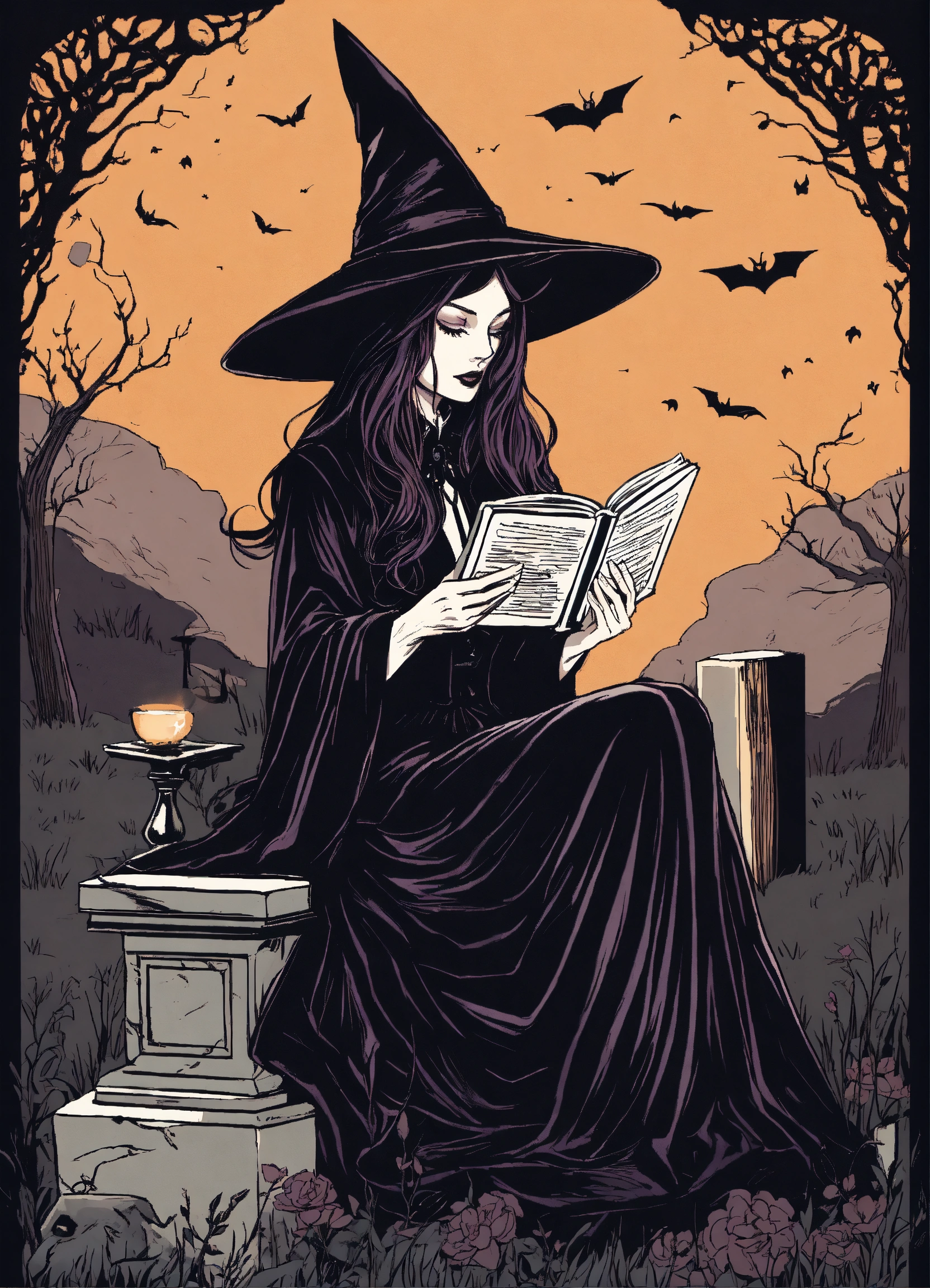 Lexica - Witch sitting on a grave reading a book, Vintage Gothic Dark ...