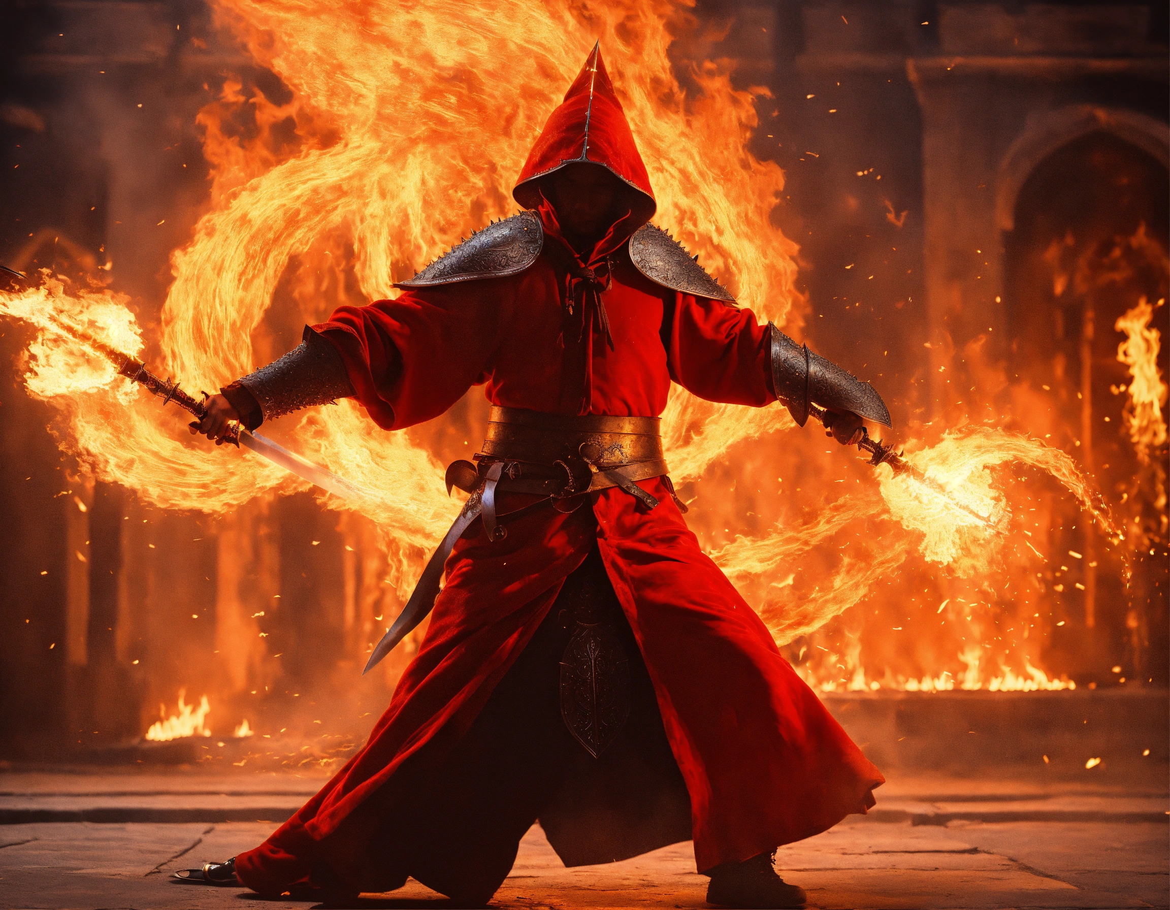 Lexica - Red robes sorcerer casting fire magic in an arc, flame ...
