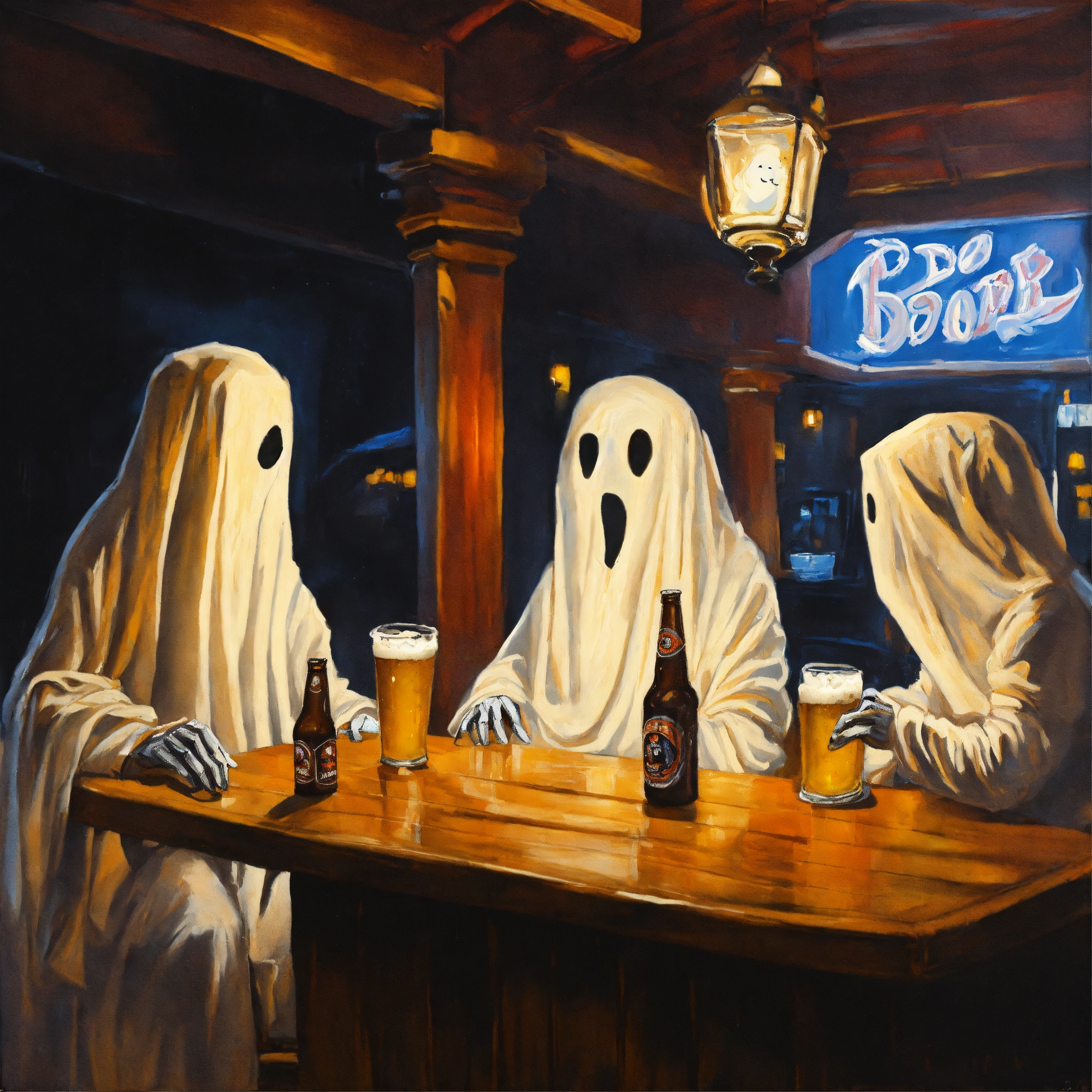 Lexica - Painting of bedsheet ghosts drinking beer at a bar. Greg ...