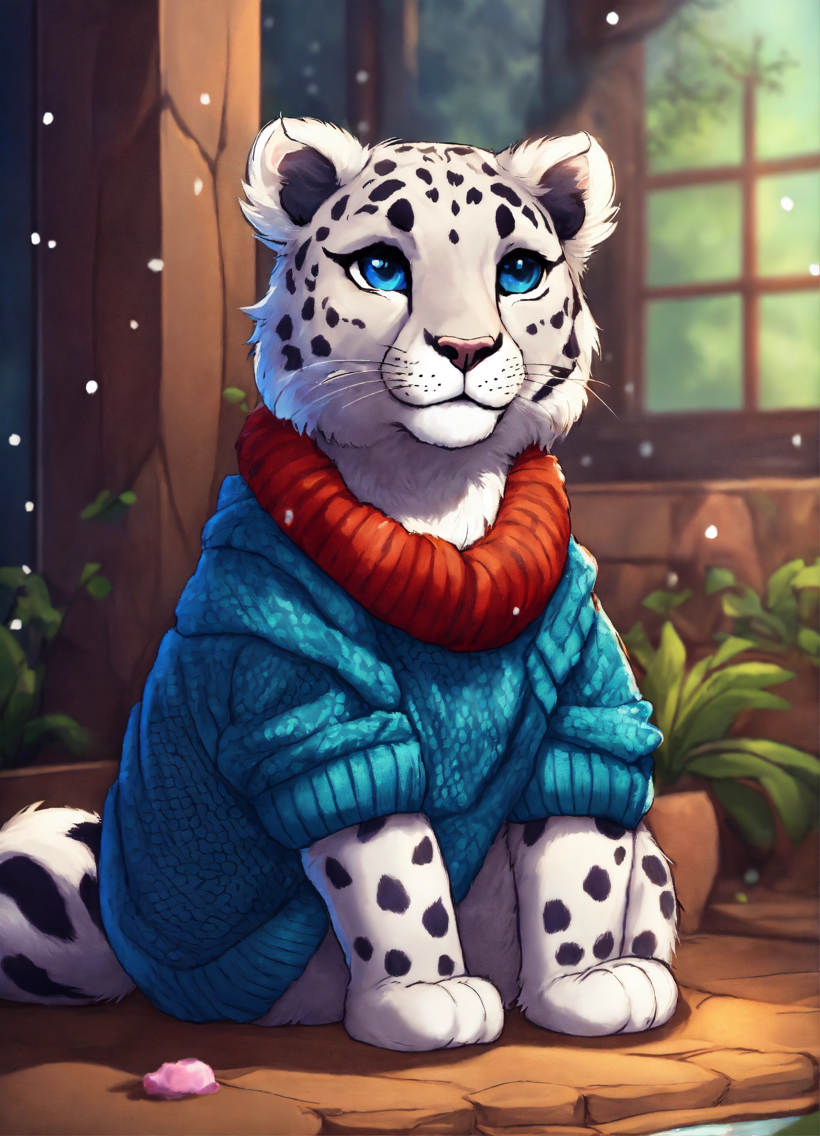 Lexica - Snow leopard in a blue sweater Cute 2d simple cartoon