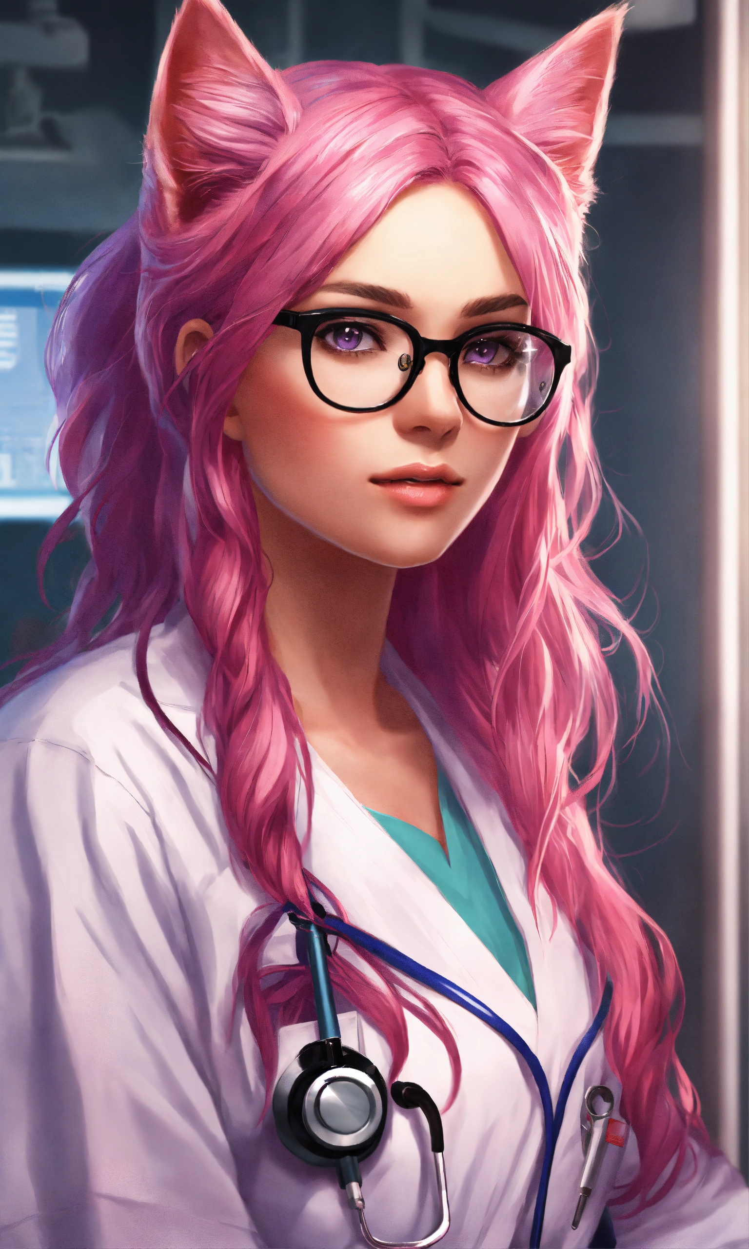 Lexica - Female doctor in surgical gown with long pink hair with a cat ...