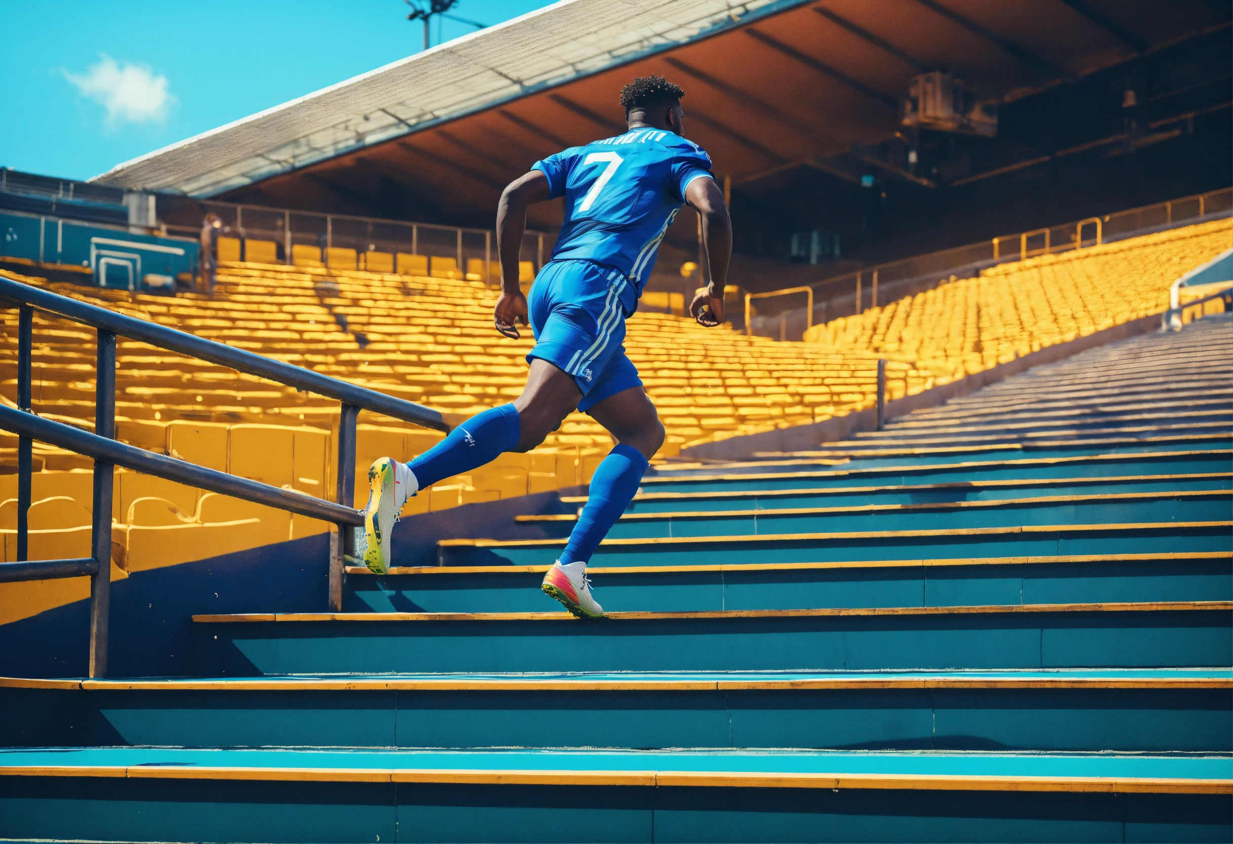 Lexica - A black football player running up the stairs to a football ...