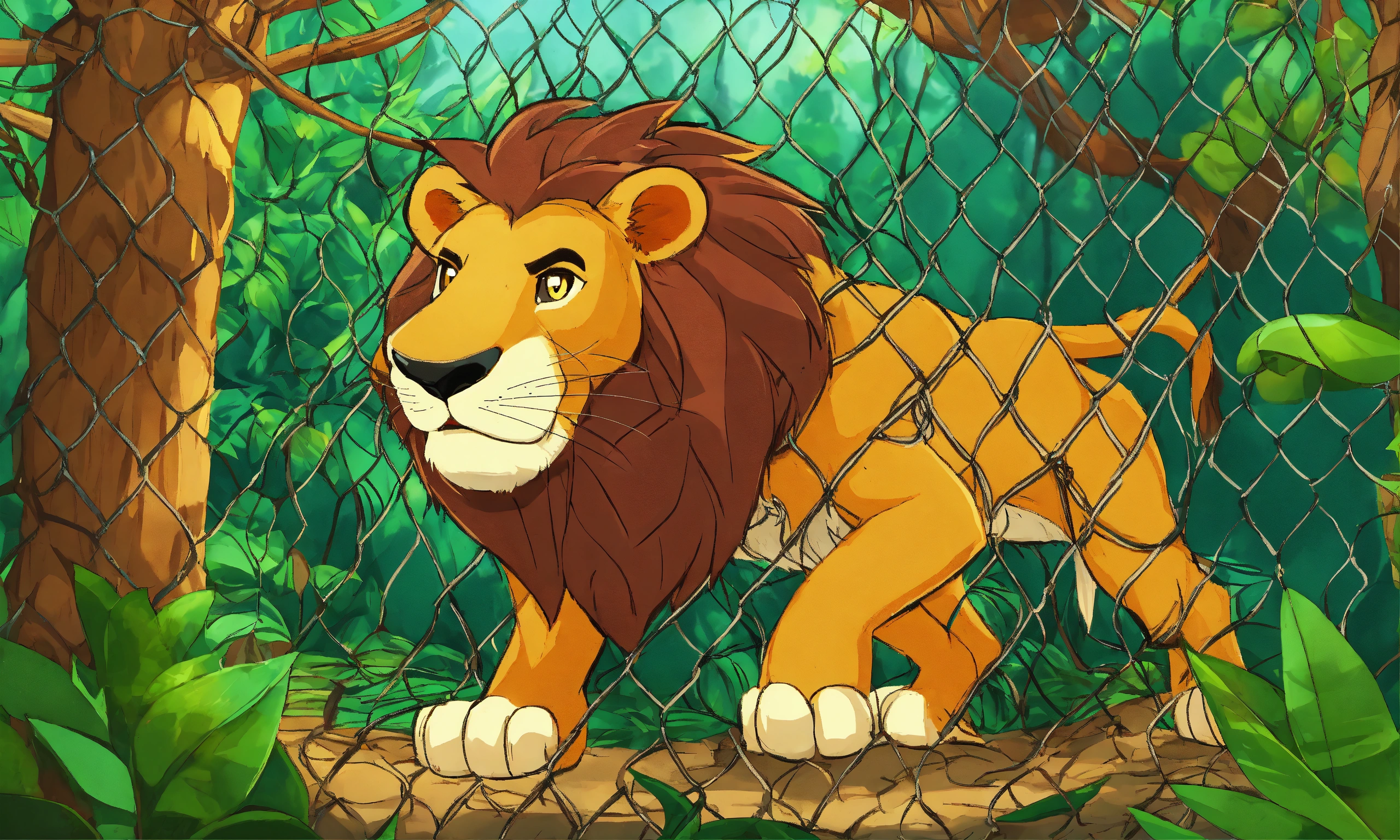 Lexica - Cartoon in a jungle big lion was captured and trapped in a net ...