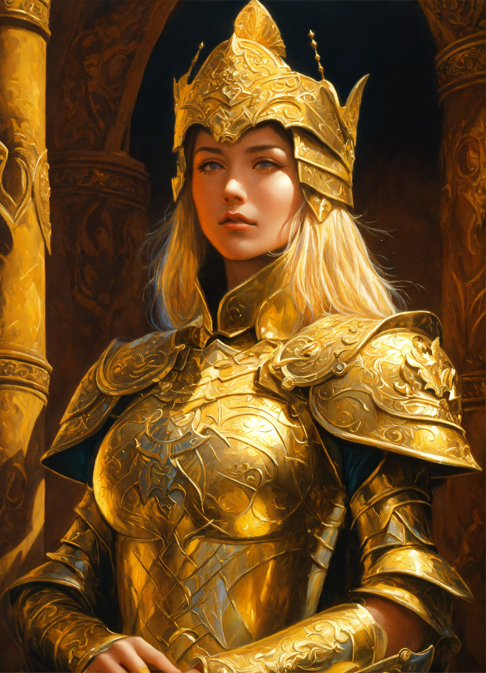 Lexica - An oil painting by Michael Whelan of a golden paladin ...