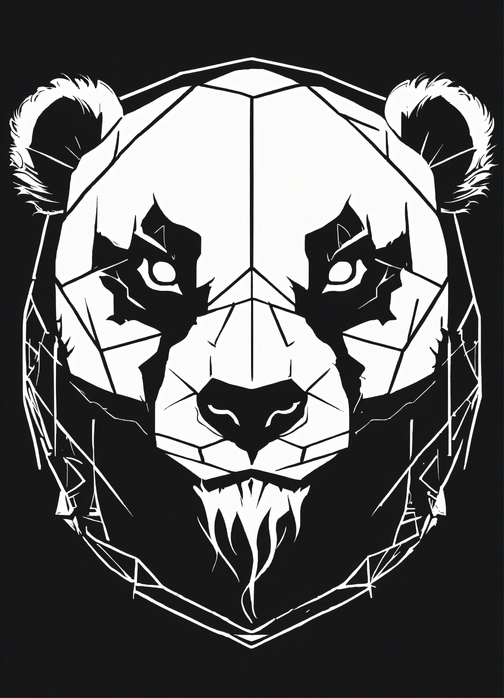 Lexica - Demon panda, black and white, stencil logo simple lines