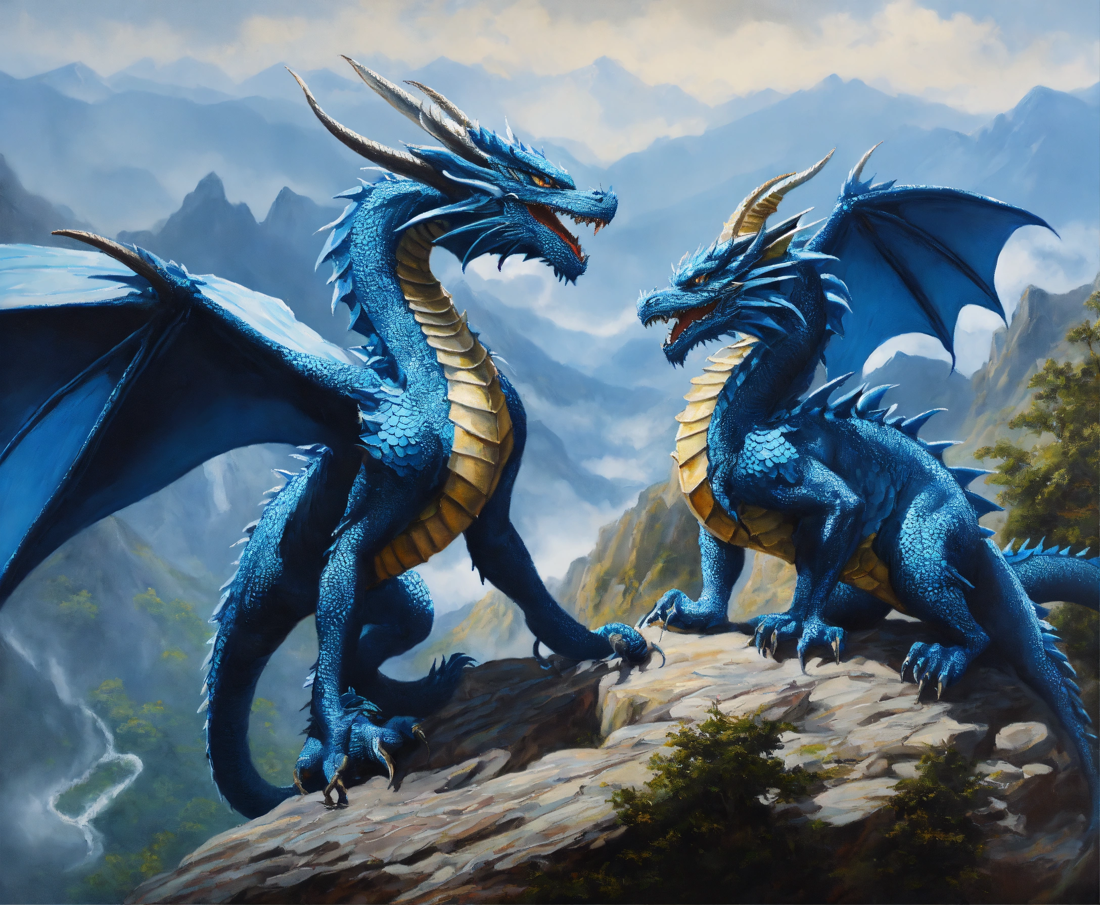 Lexica - Oil painting of two blue dragons touching each other on top of ...
