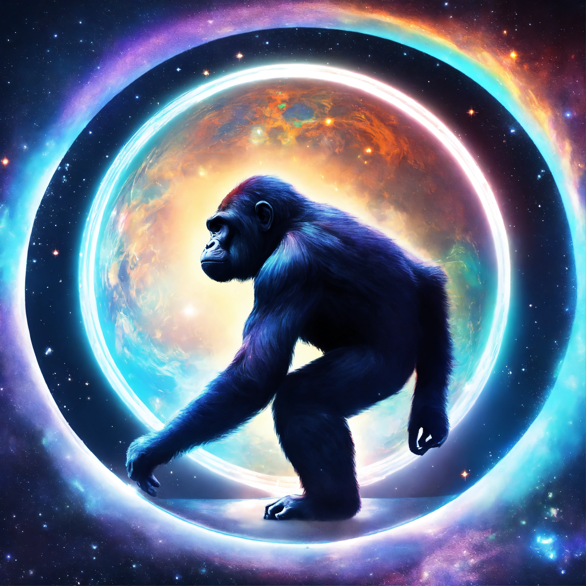 Lexica - Ape dancing in space , in circle image, holographic, best ...