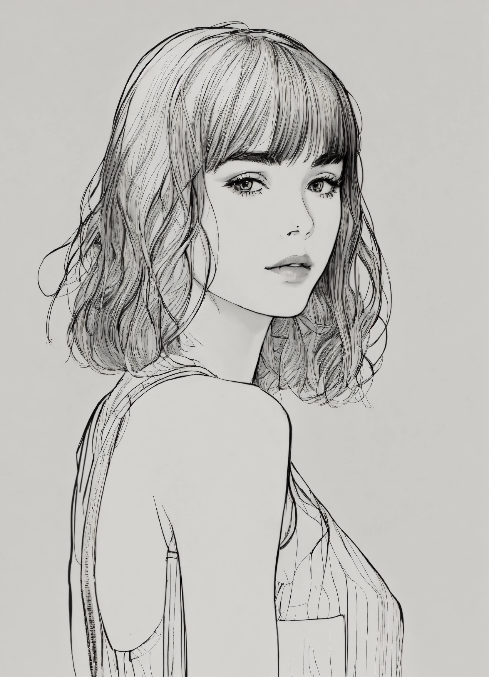 Lexica - Black and white line drawing, skinny girl, bob with bangs ...