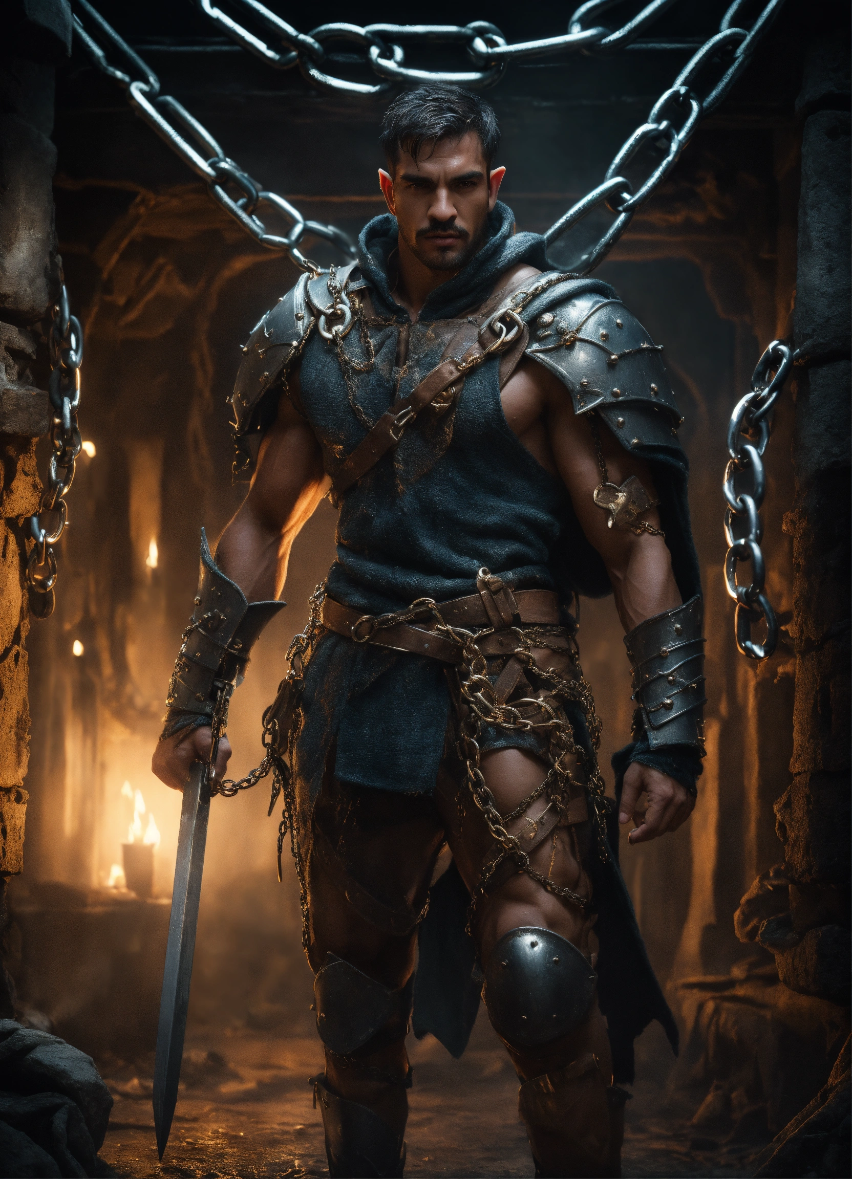 Lexica - Full body strong handsome Dominican god elf chained by enemies ...