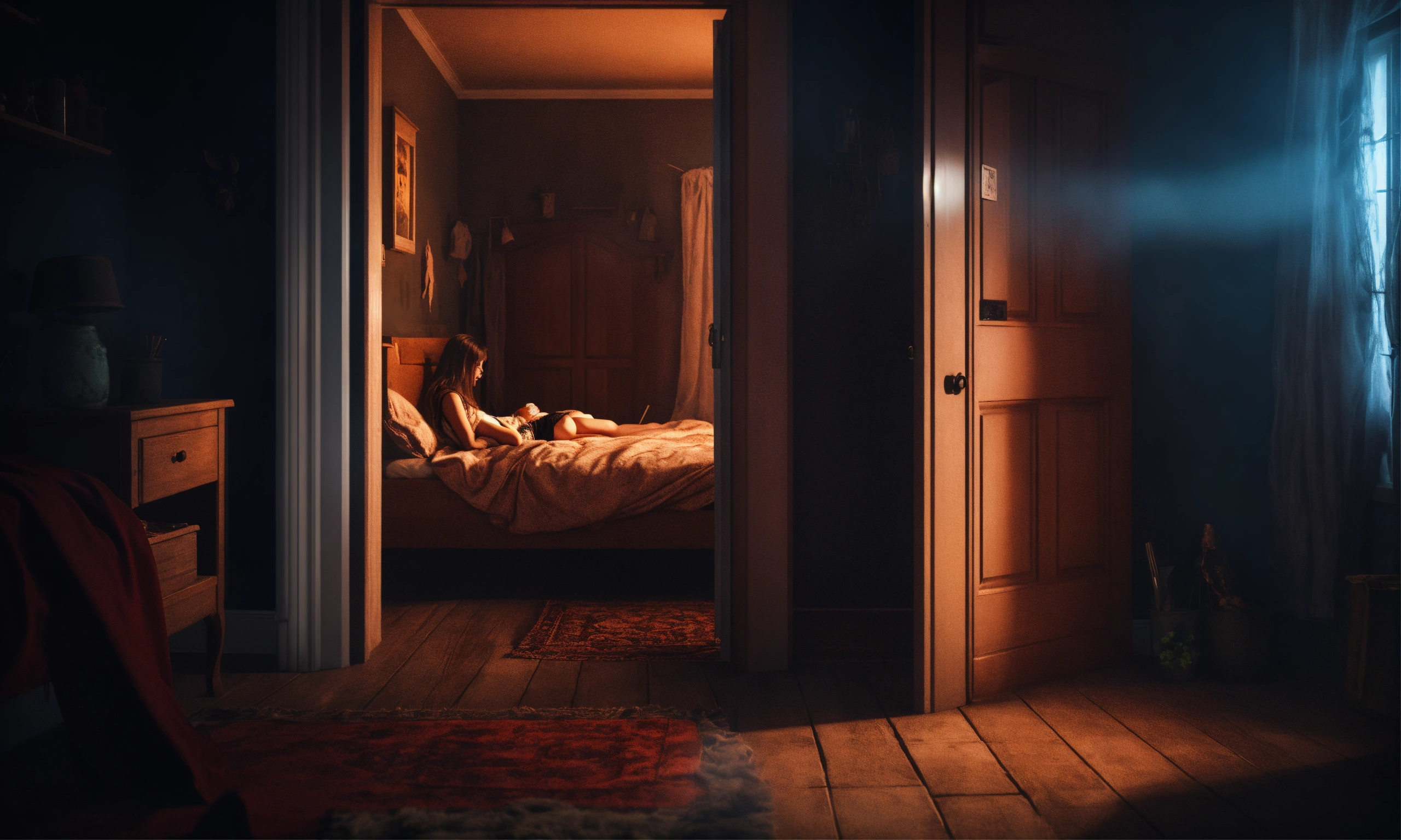 Lexica - Spooky dark room; girl sleeping; a demon at the door; scary ...