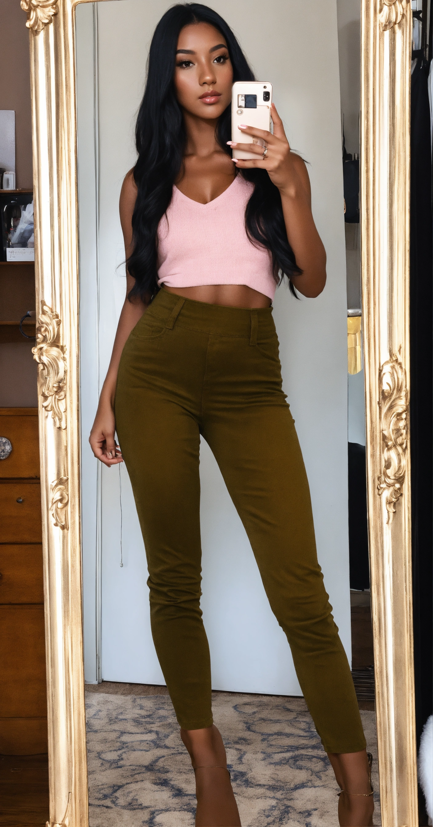 Lexica - A woman photographing herself in the mirror, long thin black ...