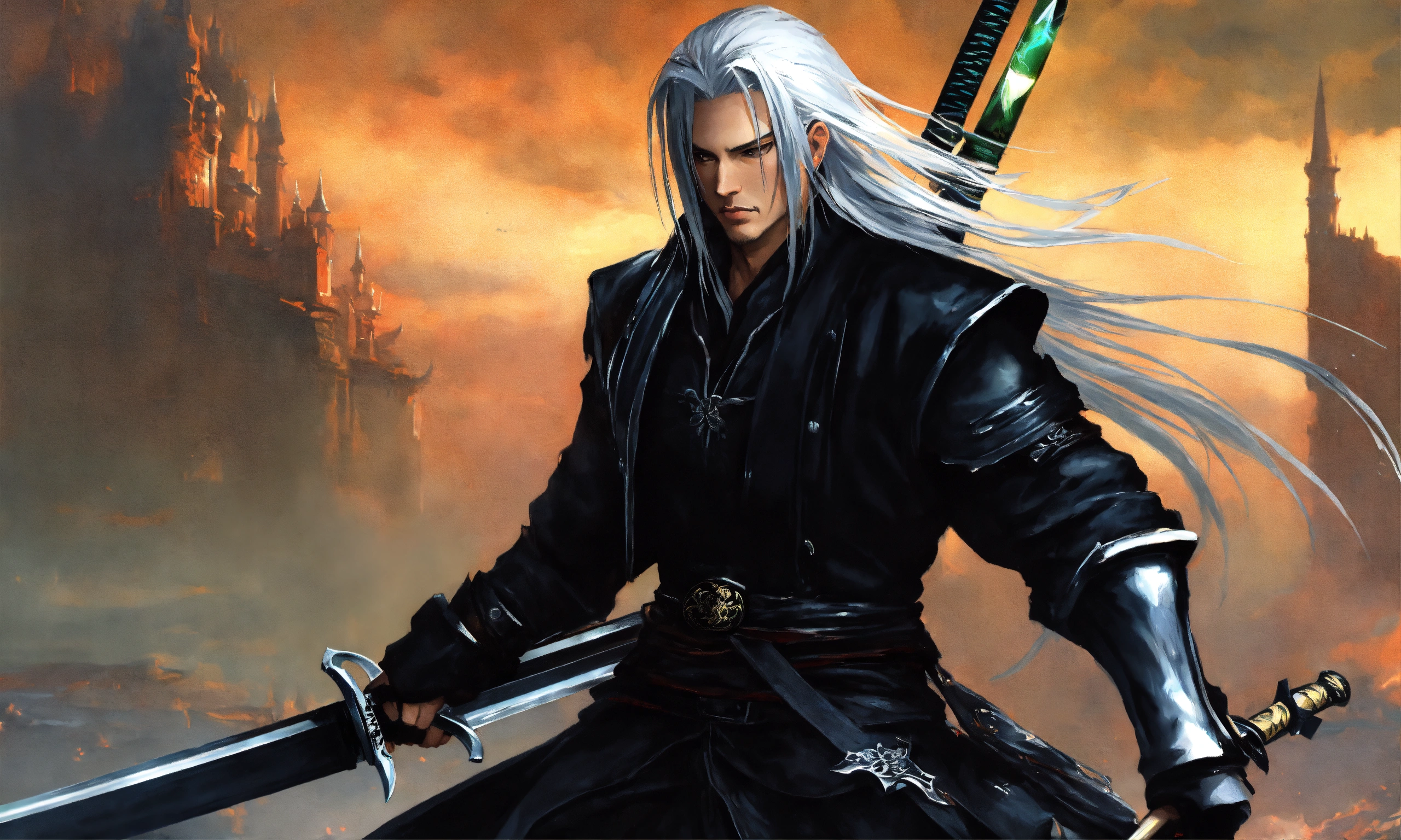 Lexica - Sephiroth, long masamune katana, frank frazetta style