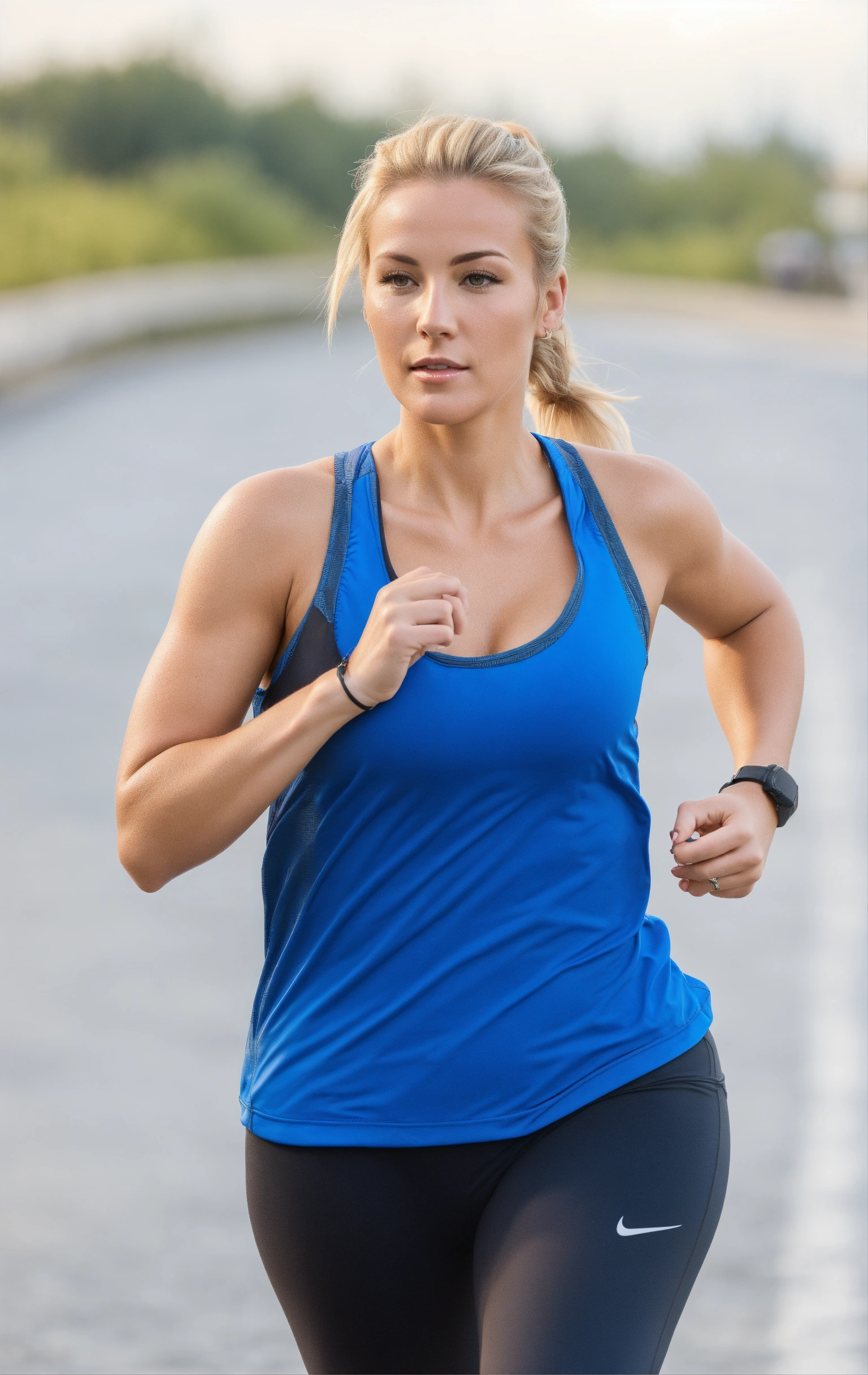 Lexica - A beautiful blonde woman in her 30s jogging. Her hair is up in ...