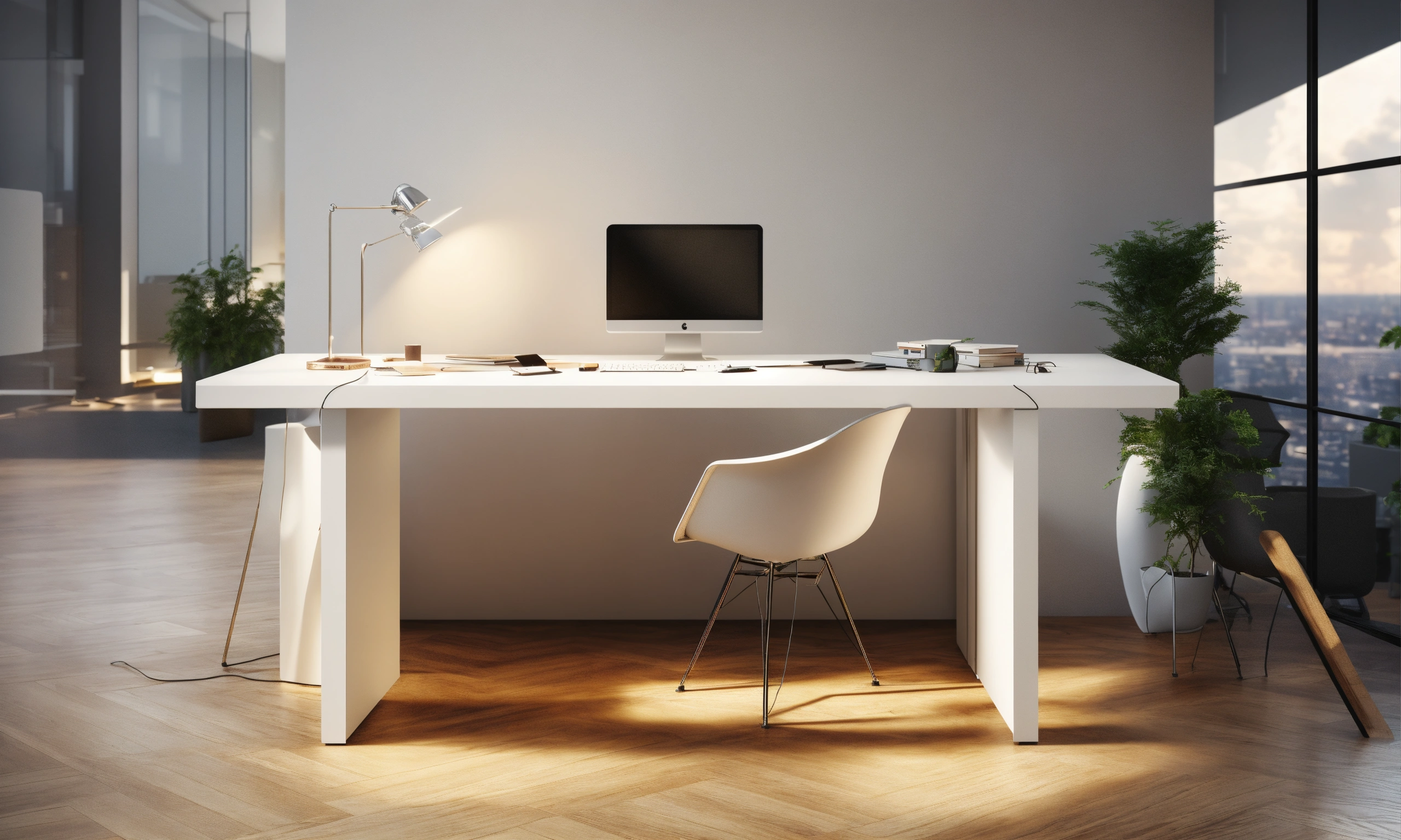Lexica - White wood office desk, close up, cubic office, computer ...