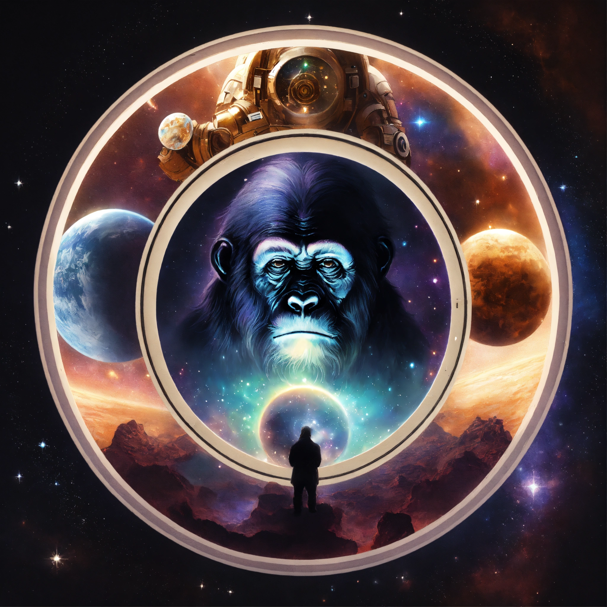 Lexica - Apes praying to a human god in space, in circle image ...