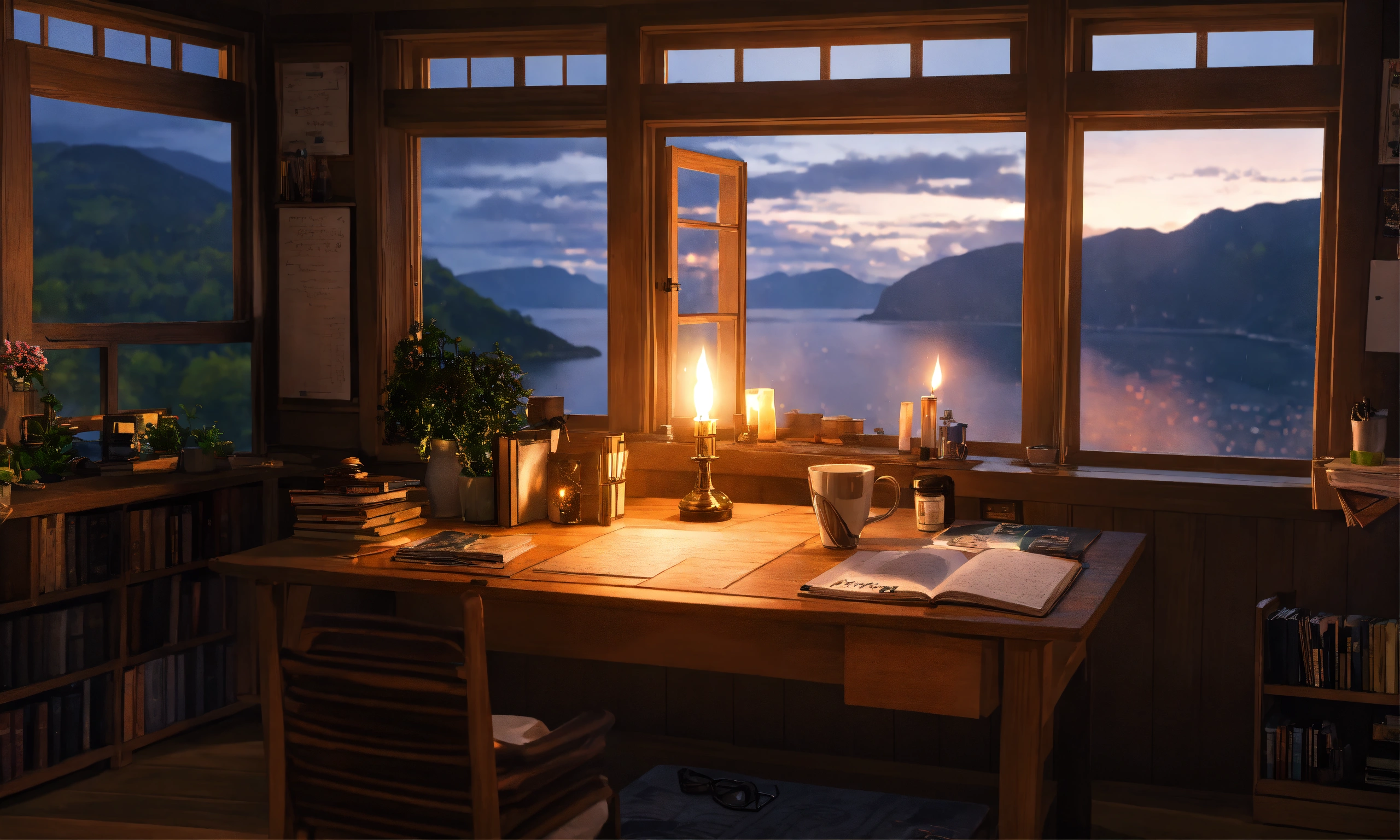 Lexica - Anime study room in finland against fjord, big centered window ...
