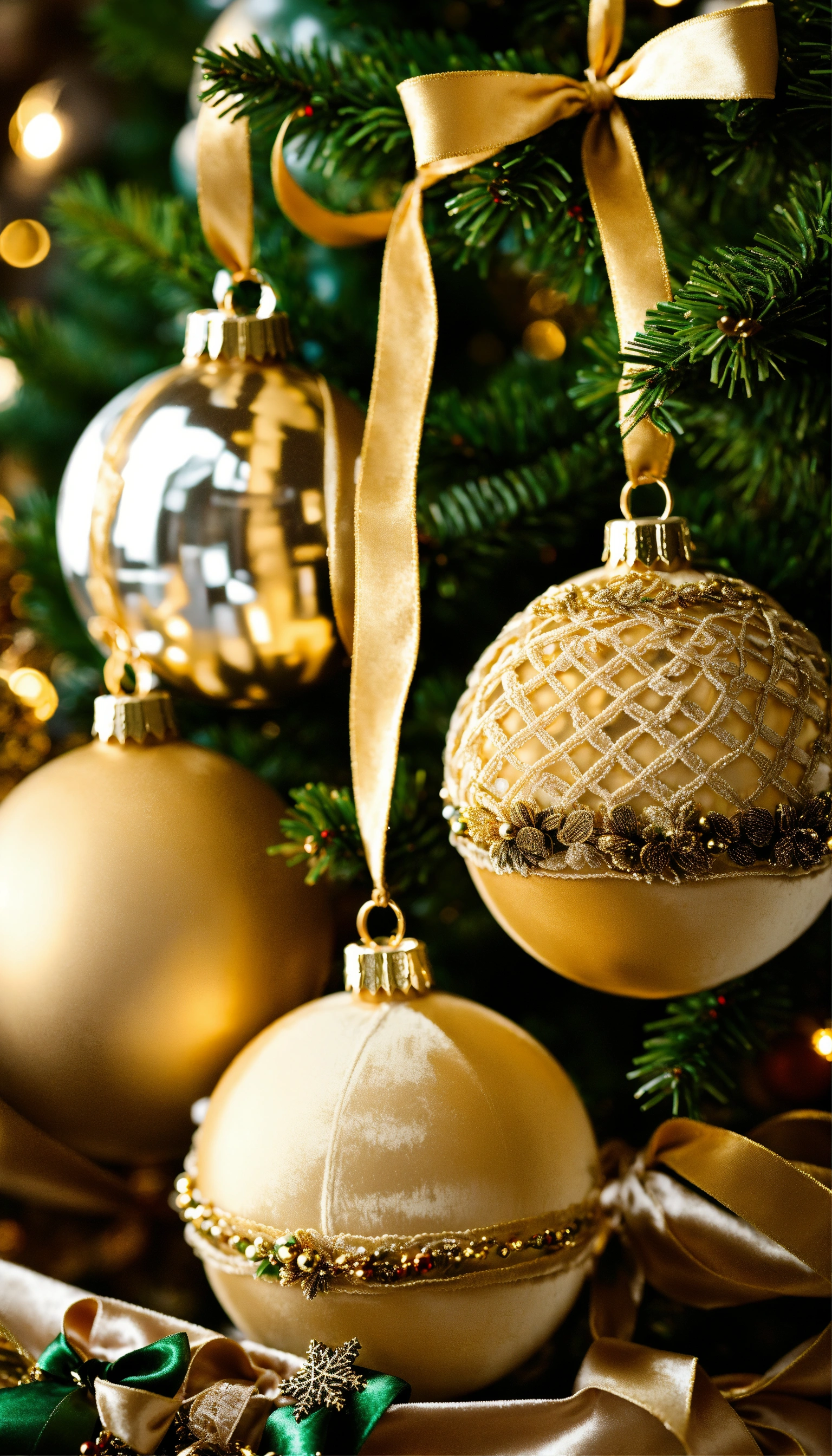 Lexica - Christmas tree baubles, ornaments covered in lustrous cream ...