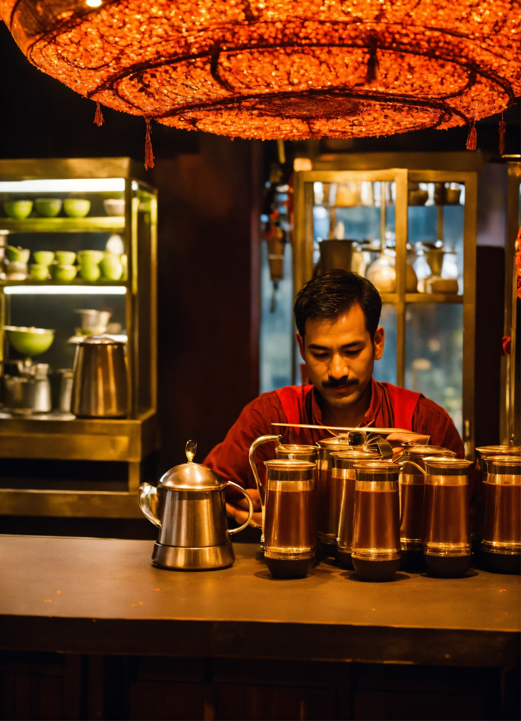 Lexica - Chai master pouring Chai tea from one cup to another cup that ...