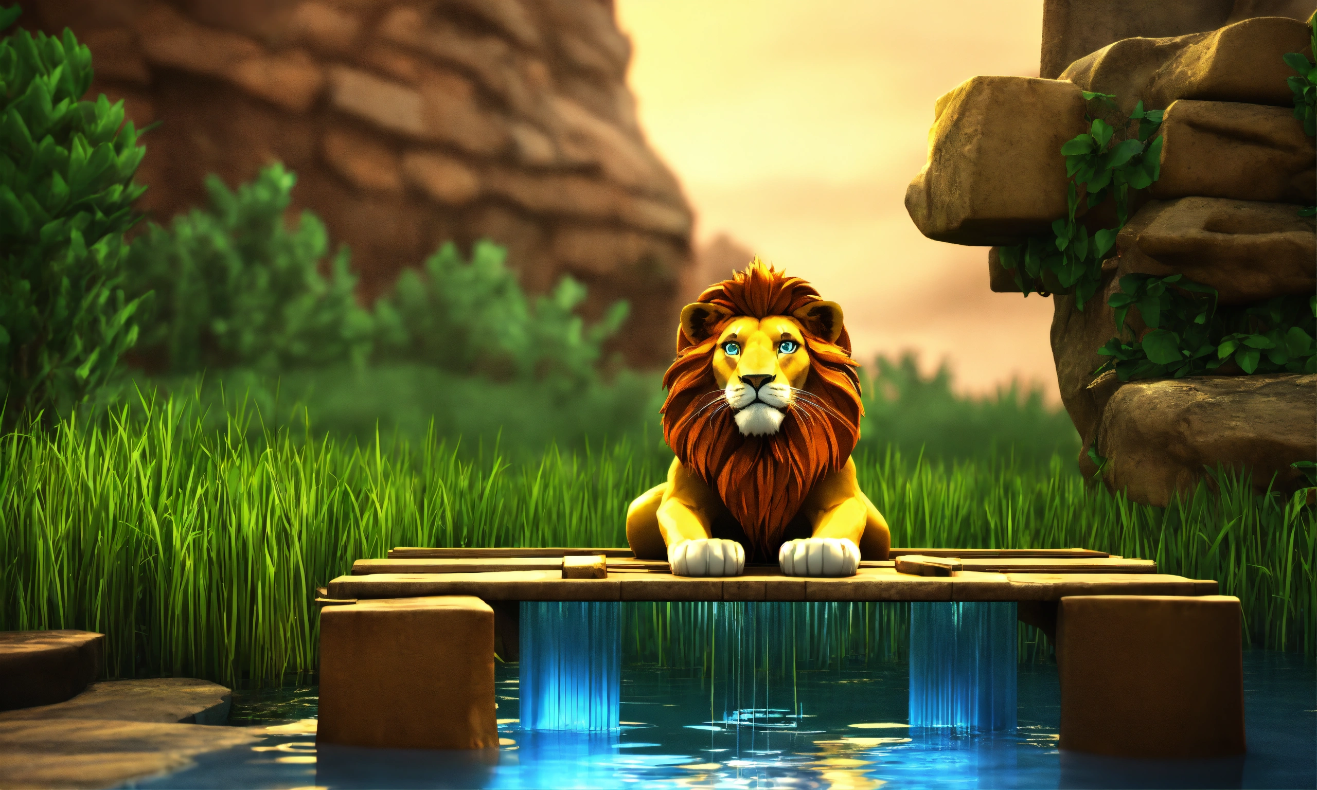 Lexica - 3d animation style cartoon blue water well lion seating at ...