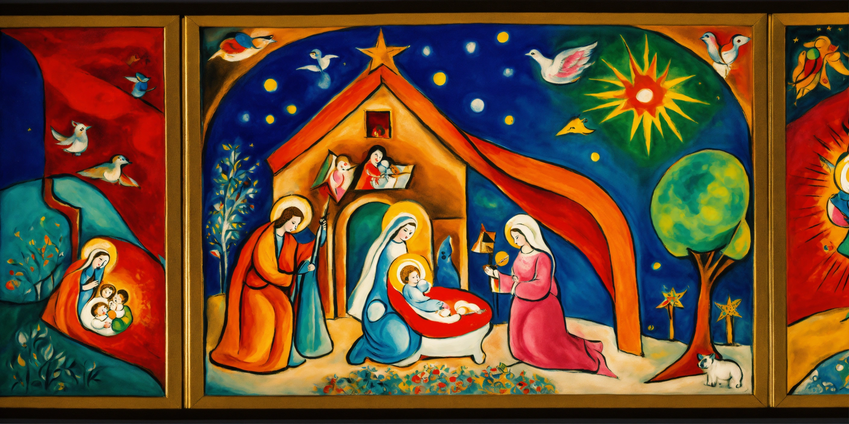 Lexica - Nativity Scene, a colorful painting in the style of Marc Chagall