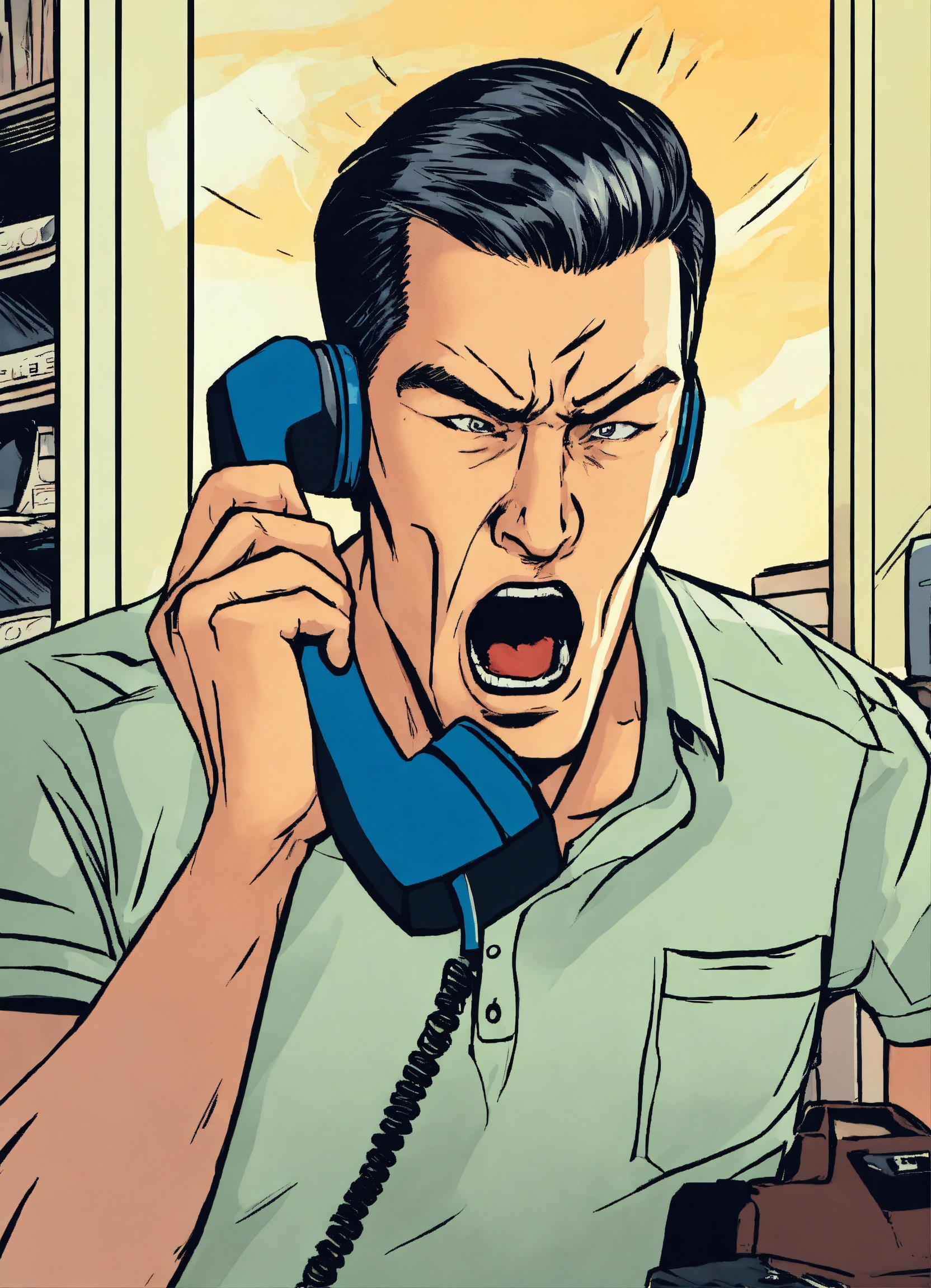 Lexica - Close up. A man is yelling into a telephone. he is nervous ...