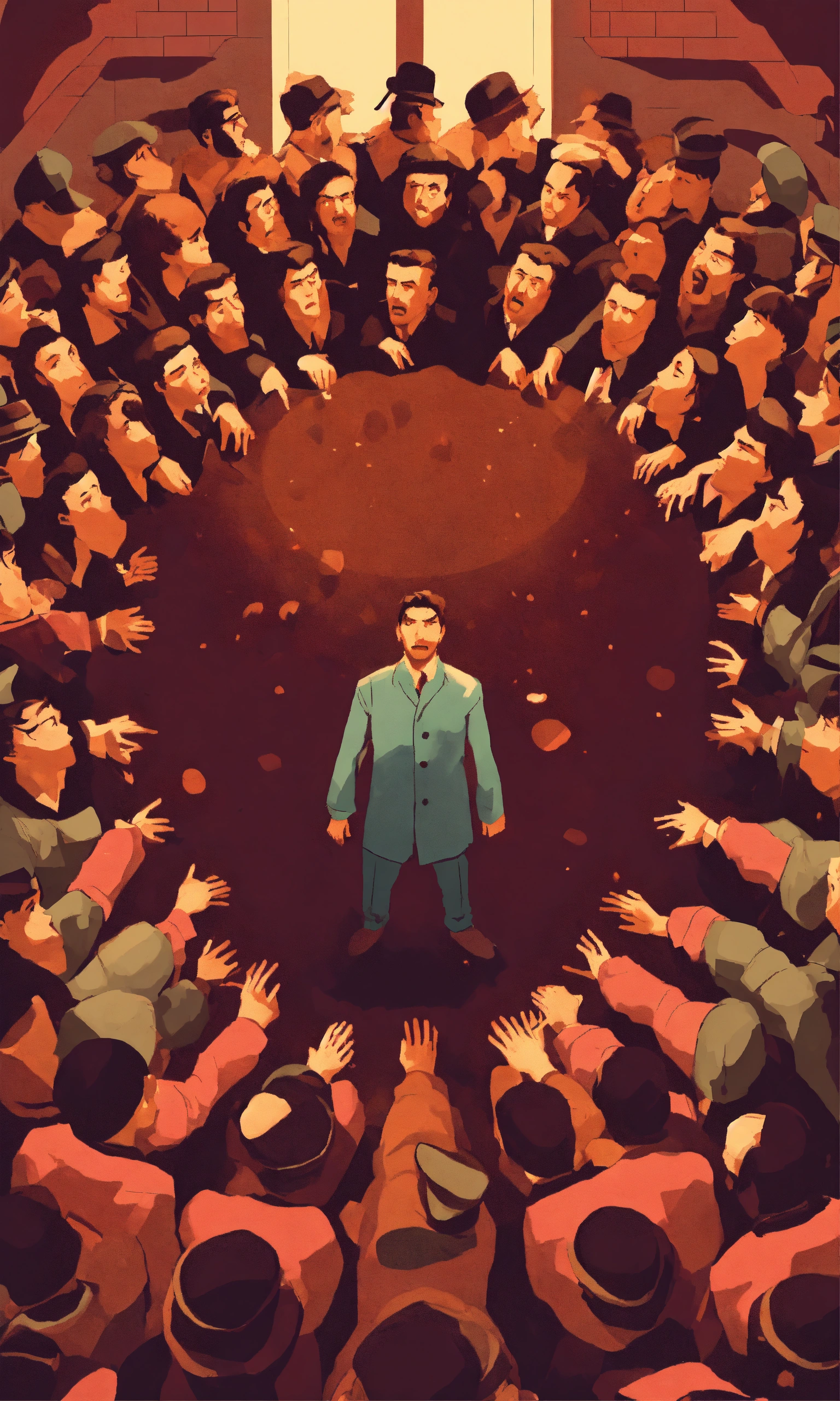 Lexica - A lone man getting surrounded by an angry mob of men in a ...