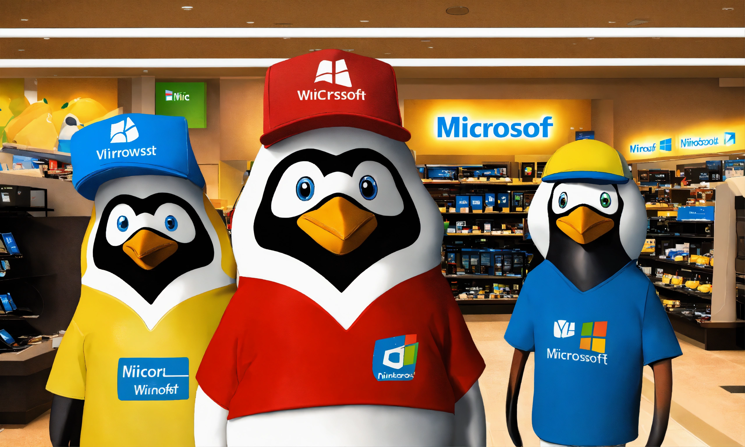 Lexica - Three embarrassed-looking penguins wearing Microsoft Windows ...