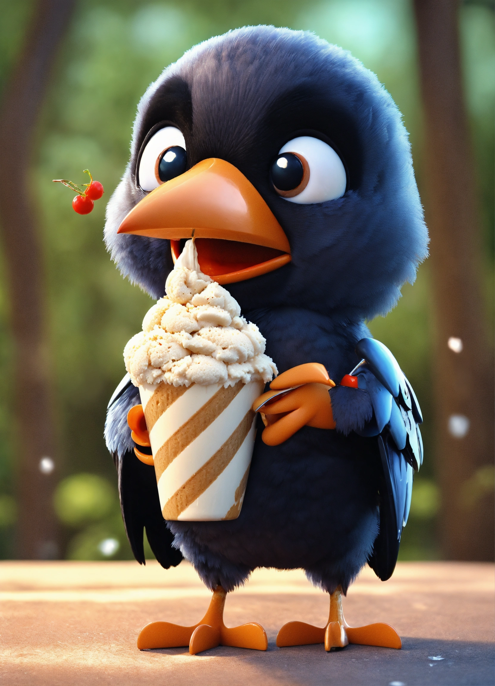 Lexica - A cute 3D crow-like character eating ice-cream, charming ...