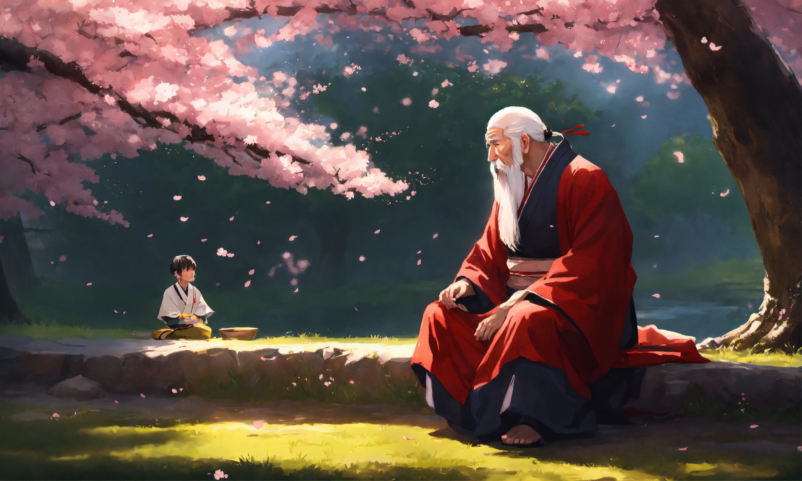 Lexica - An old zen master talking to a man under cherry blossom tree ...