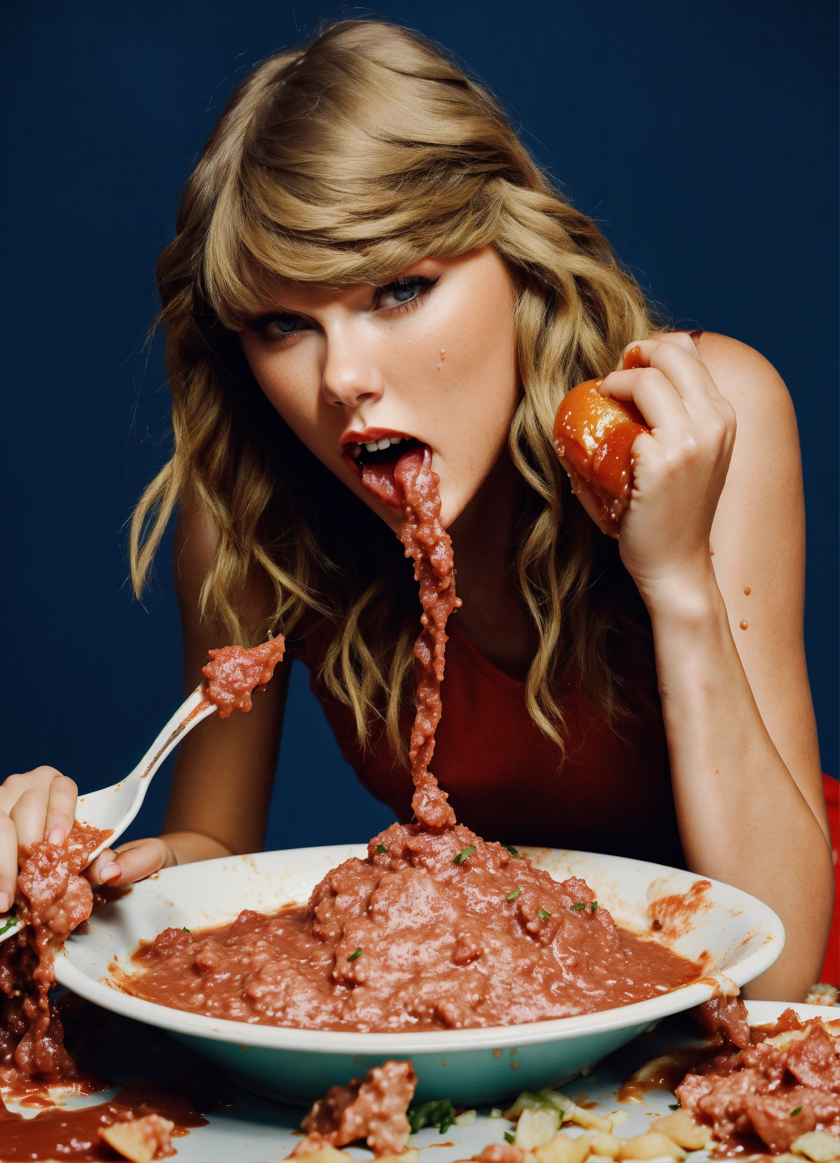 Lexica - Photo realistic shot of taylor swift eating a pile of slop ...