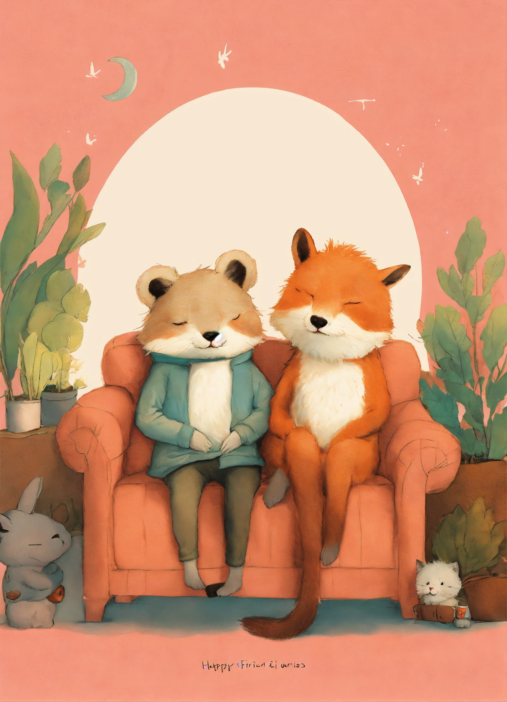 Lexica - Happy friends cuddling, cute critters, by oliver jeffers
