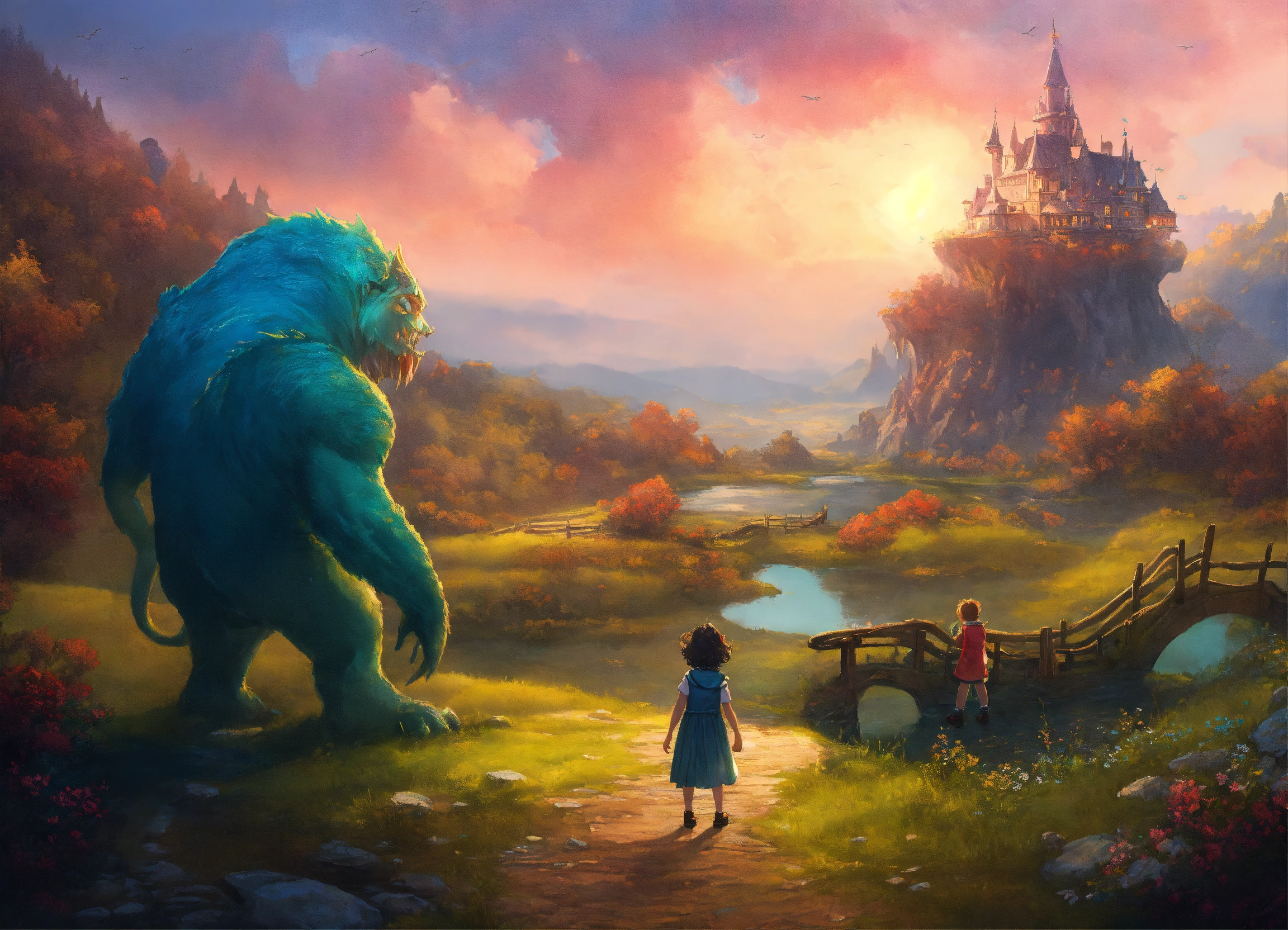 Lexica - Paysage de fantasy avec une créature monstrueuse qui rencontre ...