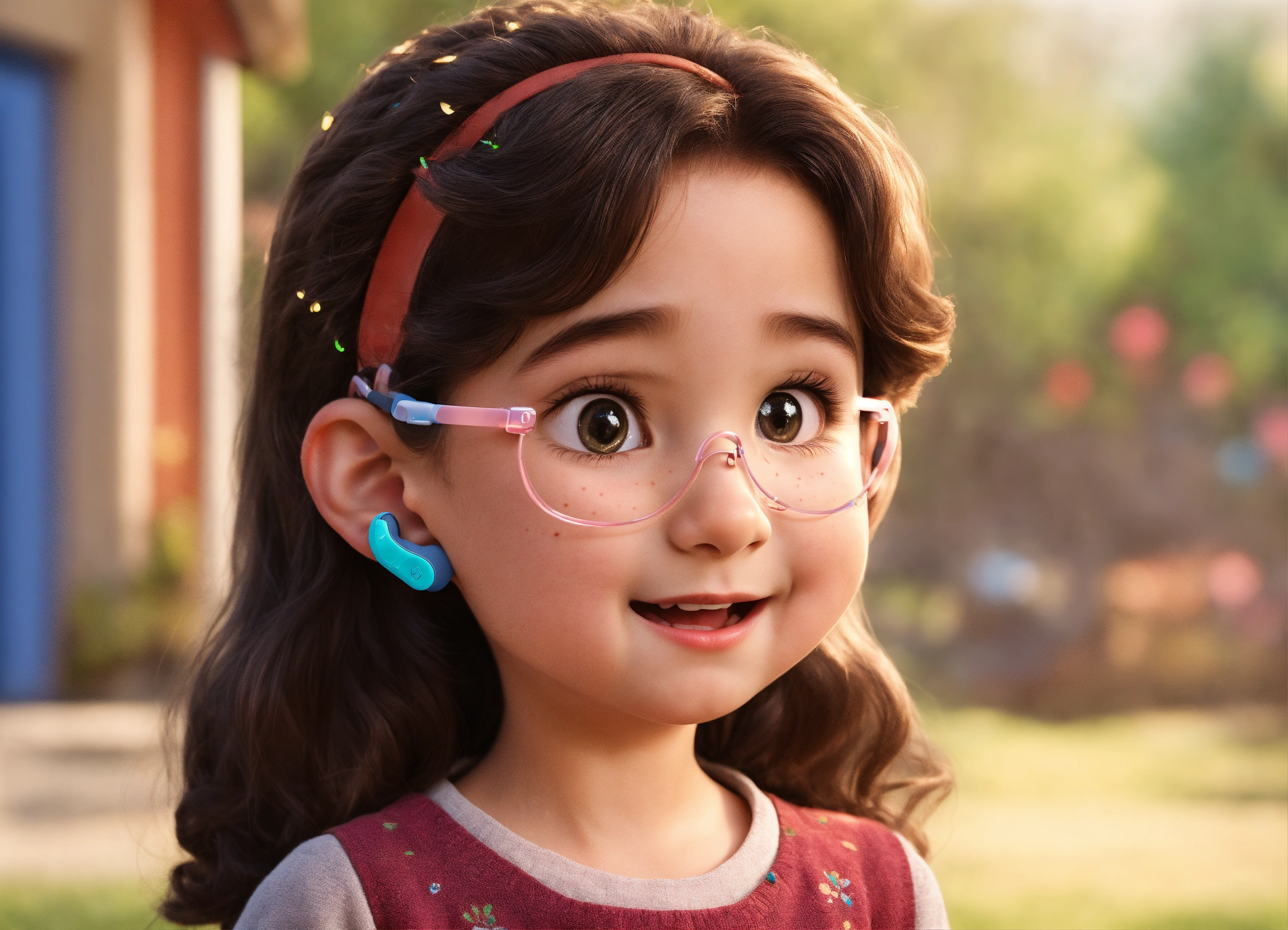 Lexica - An animated little girl with a hearing aid in her ear.