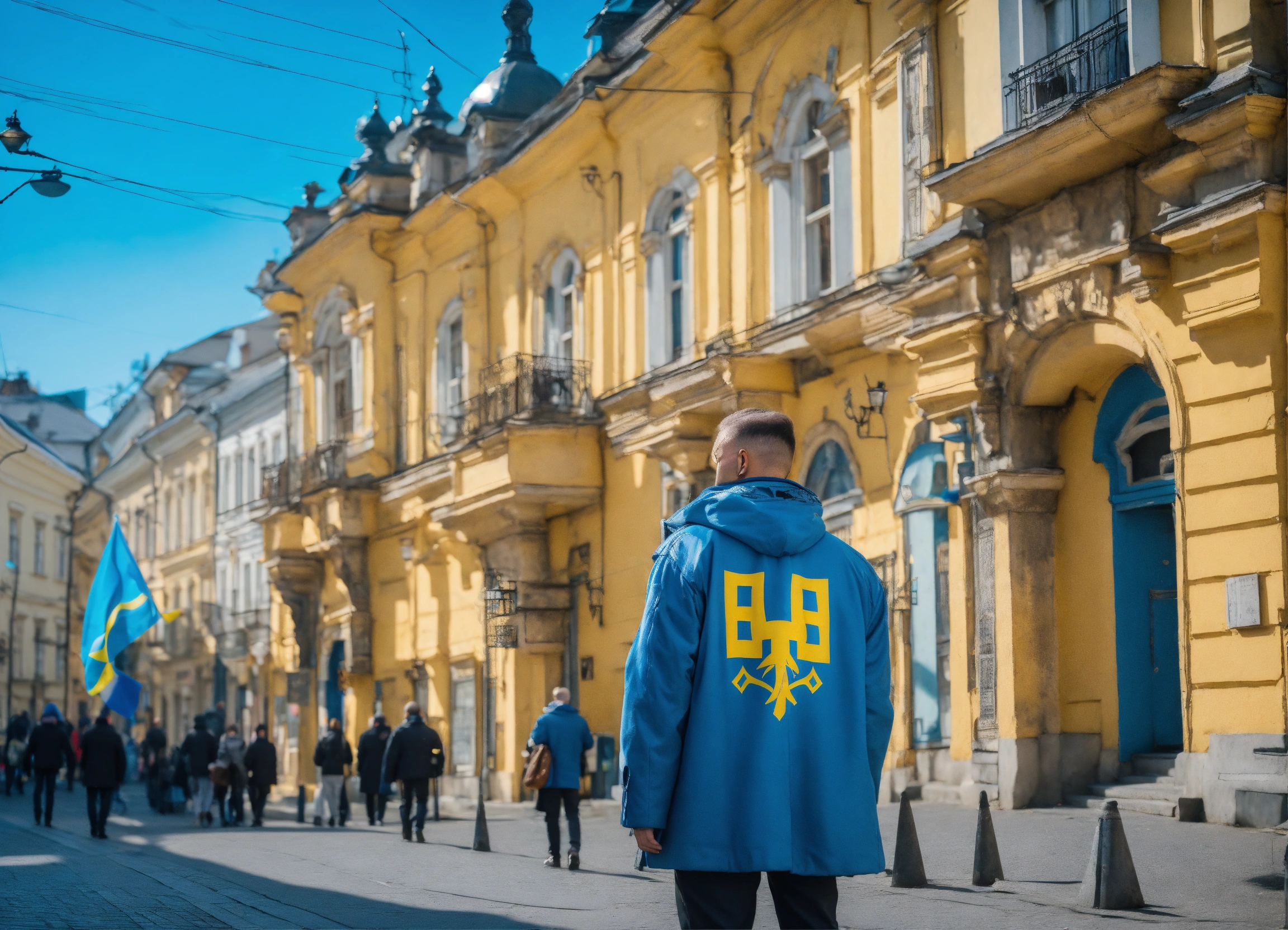 Lexica - Cyberpunk сute man with Ukraine Flag, on street Lviv, without ...