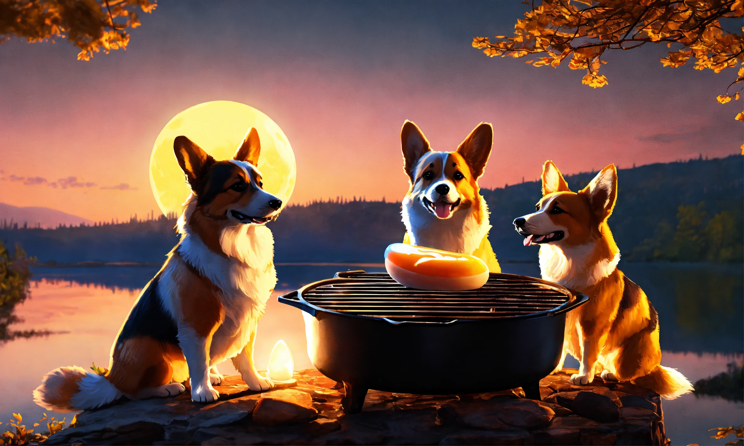 Lexica - Image of 2 corgi dogs frying a giant egg in a giant cast iron ...